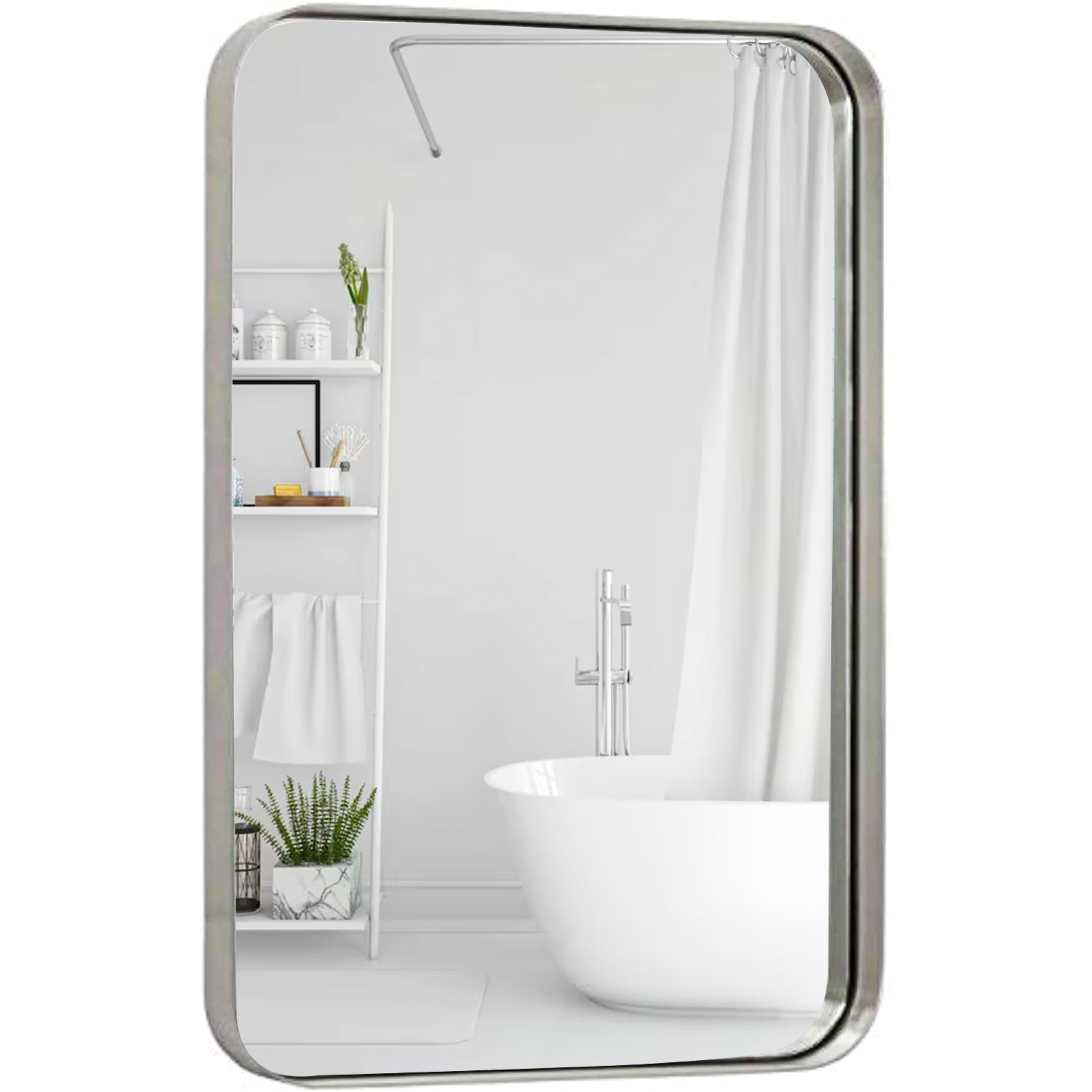 Hamilton Hills 16x24 inch Metal Silver Frame Mirror for Bathroom | Polished Rectangular Rounded Corner Vanity | 2" Deep Set Design Small Wall Mirrors Decorative | Hangs Horizontal and Vertical
