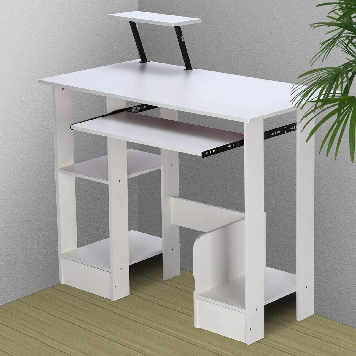 Harapu Strong Bearing Computer Desk, Home Office Storage Shelves Study Workstation Laptop Table, L90 x W48 x H73 cm, Warm White