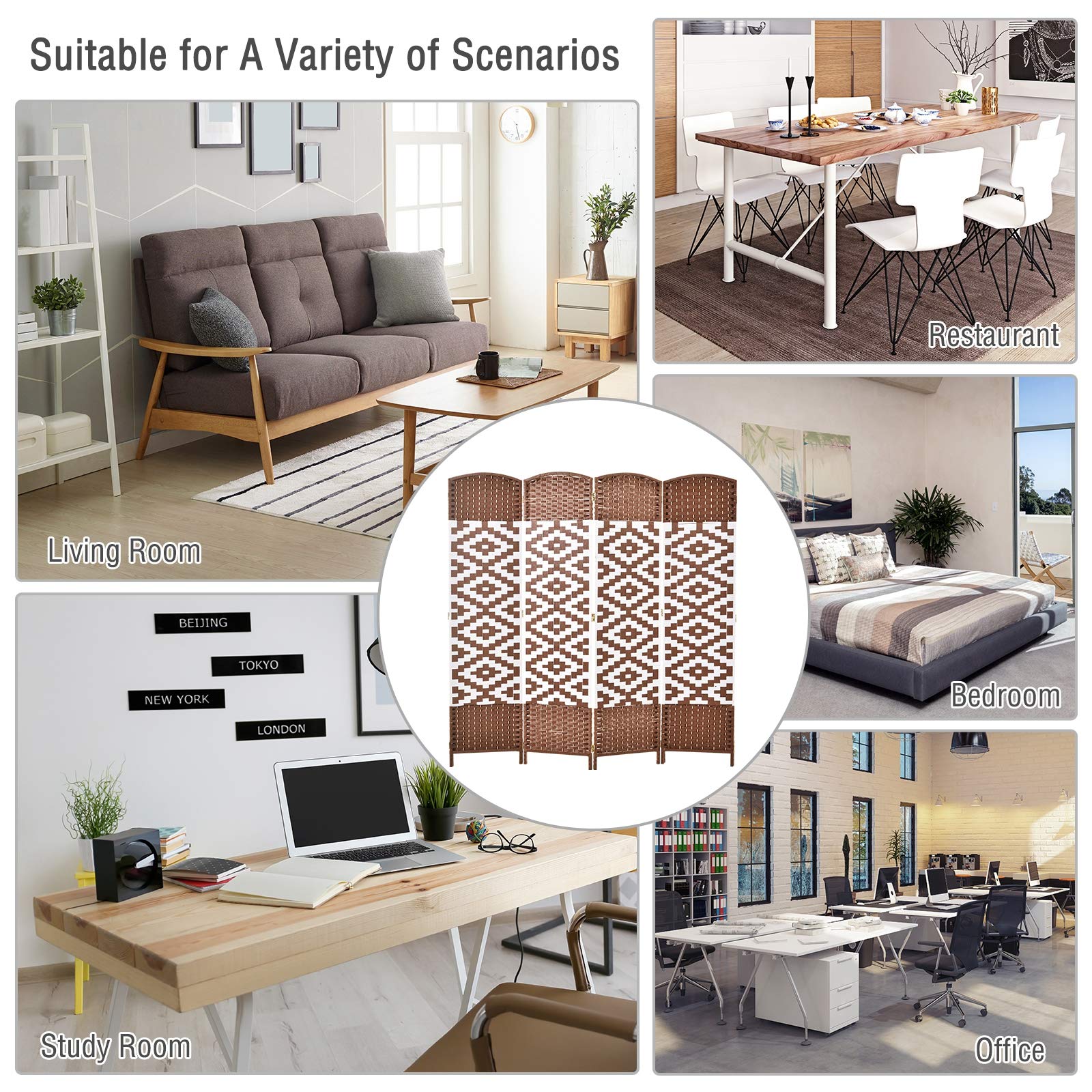 HOMCOM 6ft 4-Panel Diamond Weave Folding Room Divider with Freestanding Folding Screen & Stylish Wicker Material