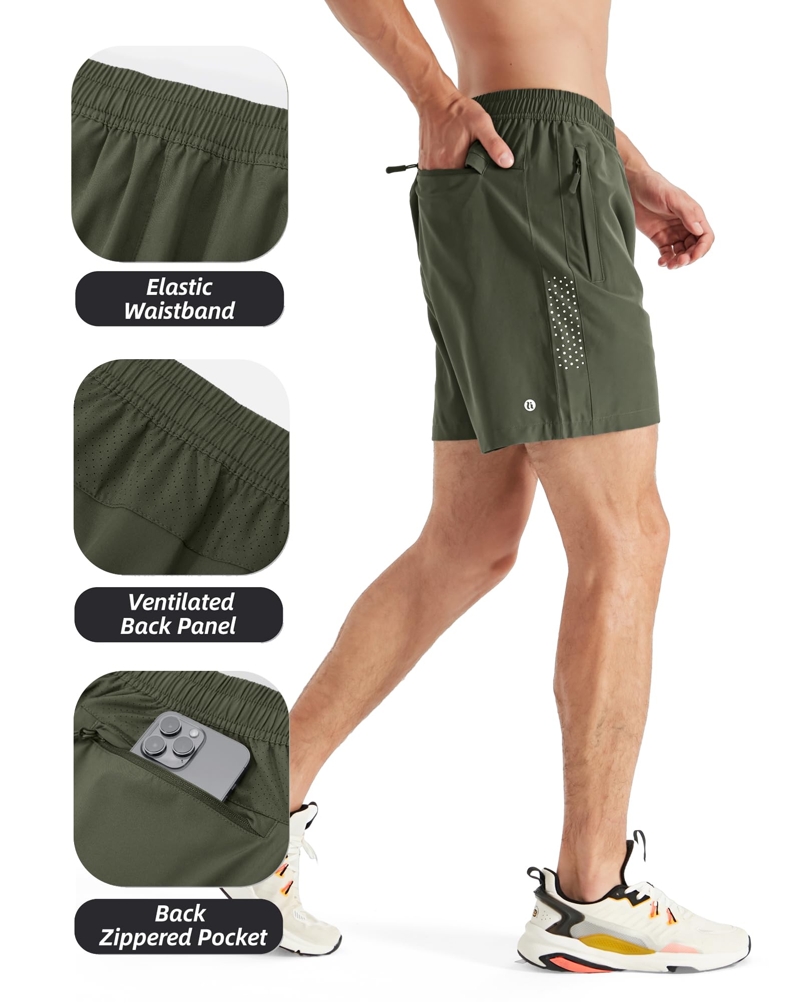 HIFEOS Mens Athletic Shorts -Running, Tennis Gym Workout Shorts for Men 5"/7"/9"- Comfort, Lightweight, 3 Zippered Pockets Army Green