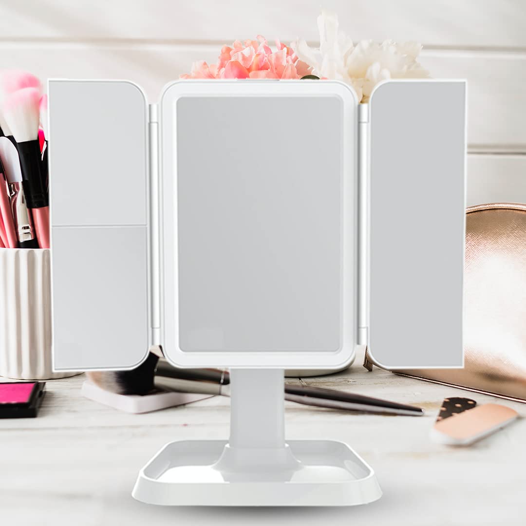 LOVE YOU Studio Makeup Mirror with LED Lights for Makeup Desk - Lighted Makeup Mirror with Magnification - Tri-Fold Personal Light Mirror with Stand