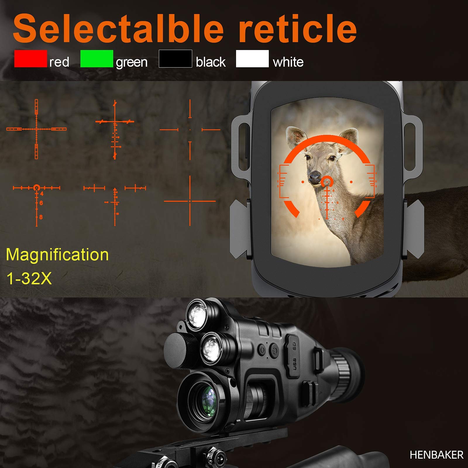HENBAKER Digital Night Vision Device 1-32X Night Vision Monocular, 2 Infrared Light Night Vision Goggles, CY789 Supports Day&Night Hunting/Outdoor Entertainment