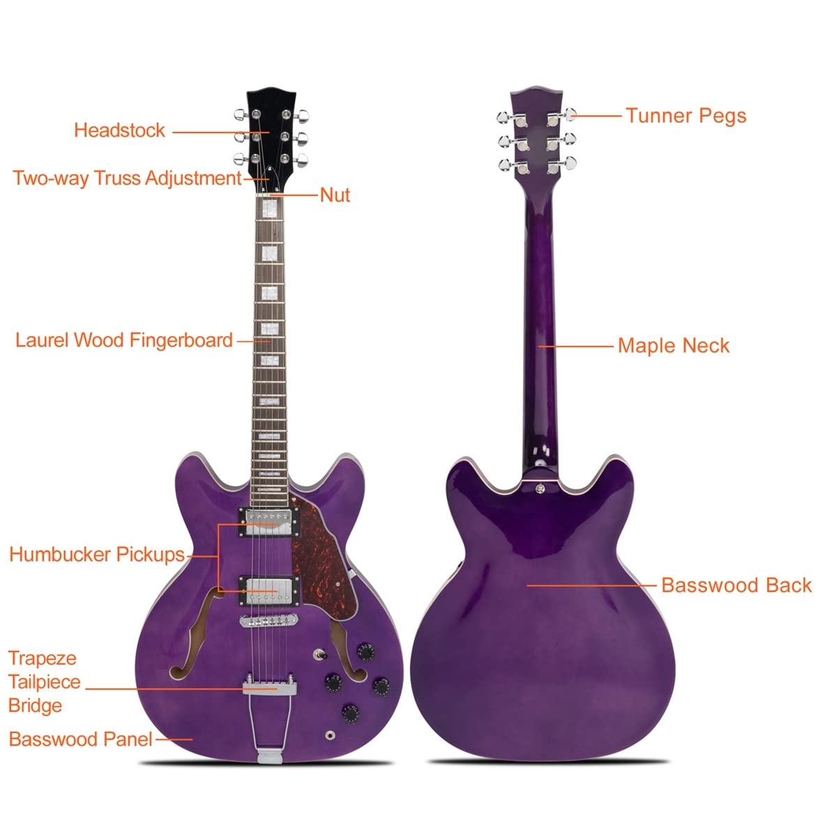 Ktaxon 6 String Electric Guitar, Semi-Hollow Body Full-Size Standard Jazz Electric Guitars Kit with Shoulder Strap, Bag, Cable, Plectrum for Beginner Professional (Purple)
