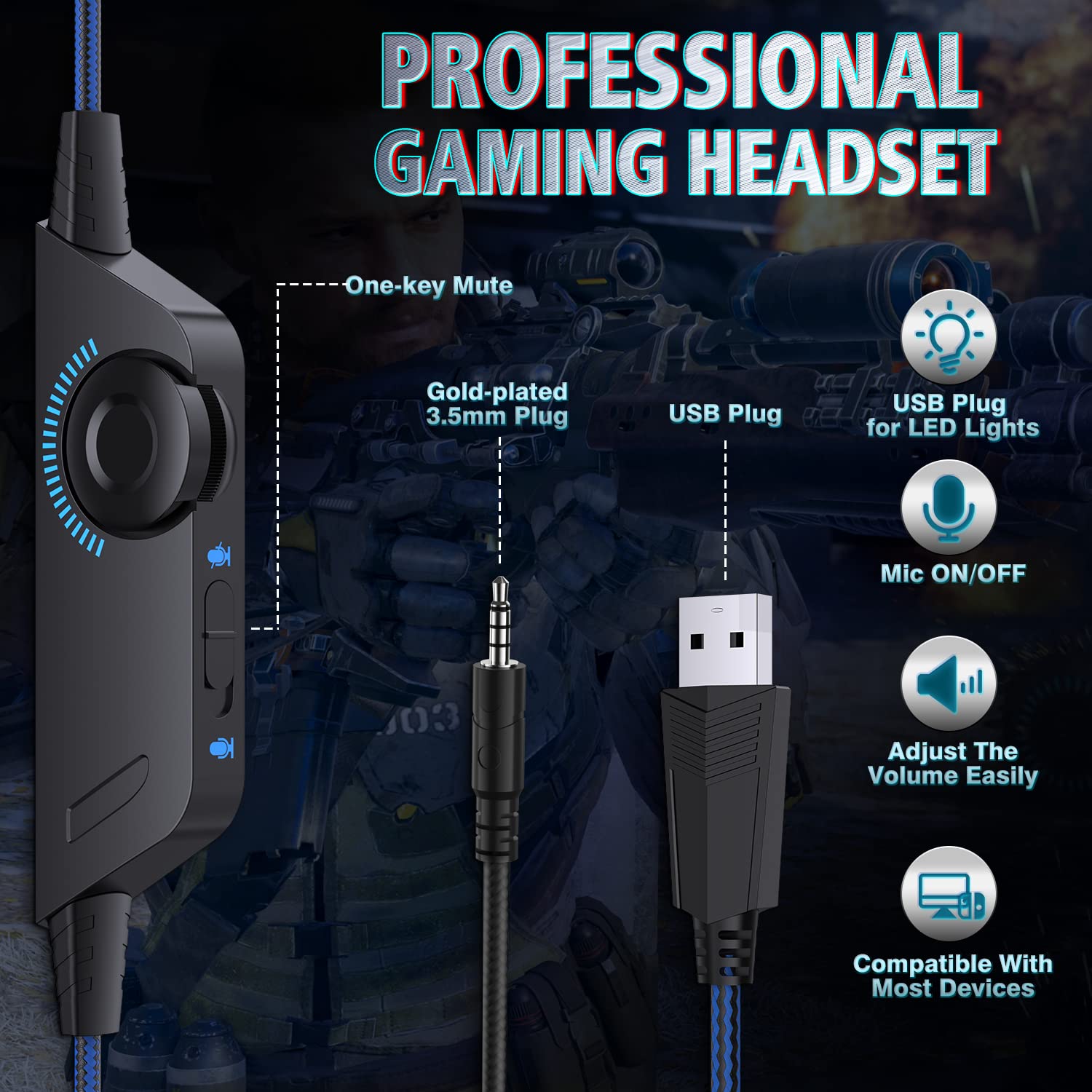 Hunterspider Gaming Headset, Gaming Headphones with Microphone, Noise Cancelling Stereo 7.1 Surround Sound Headset with Mic for PS4 PS5 PC Xbox MAC (Adapter Not Included)