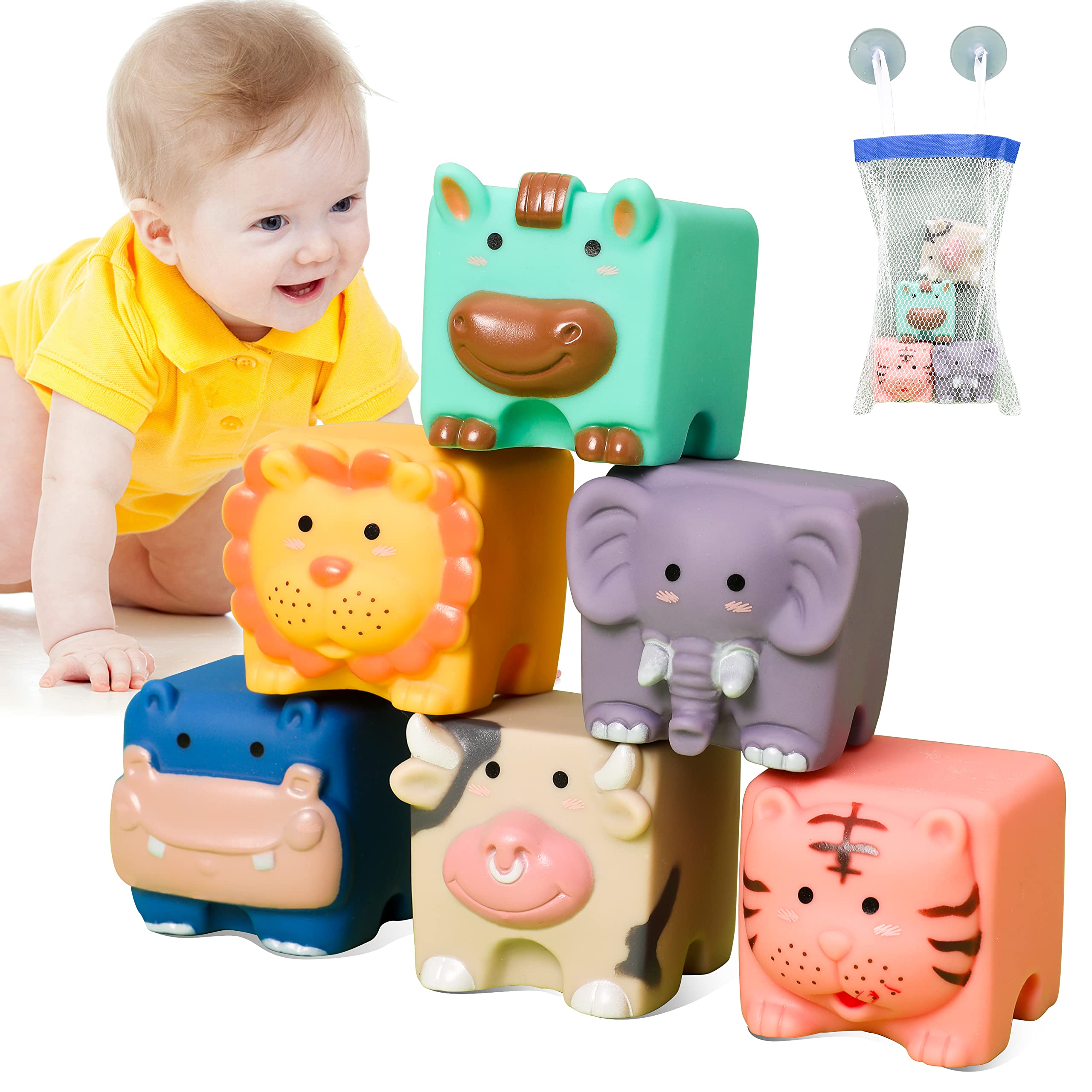 JETMΒ·HH Baby Blocks - Soft Building Blocks Toys for 6 Months Up Toddlers-Soft Blocks for Toddlers - Silicone Bath Toys - Teething Chewable Squeeze 6 PCS Adorable Animals Shapes Set