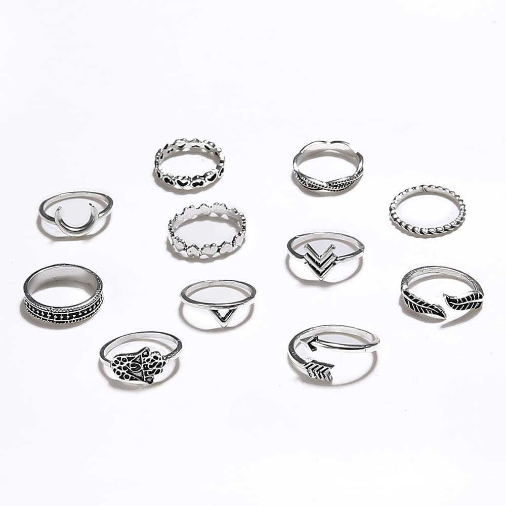 Jumwrit Bohemian Knuckle Rings Set Vintage Finger Rings Set Midi Rings Love Heart Ring Index Rings Silver Band Ring Stackable Rings for Women(11PCS)