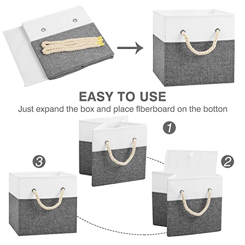 Yawinhe Collapsible Storage Basket 4-Pack, Open Storage Cube Bins with Thick Rope Handles, for Organizing, Shelves, Toys, Clothes, Office, 12.6x12.6x12.6in, White/Grey, SNK033WG-4