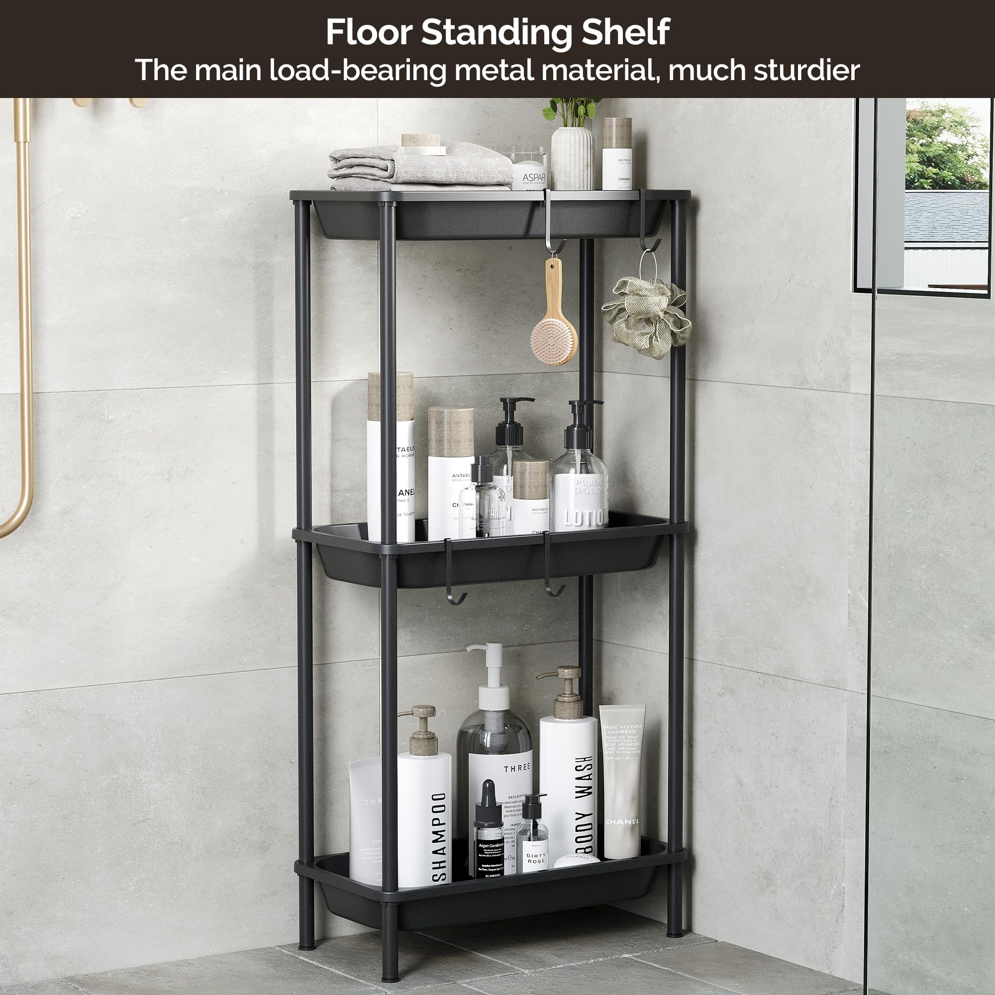 Orimade Rustproof 3 Tier Floor Standing Shower Caddy Organizer, Plastic Metal Splicing Floor Shelf Rack Stands for Bathroom Kitchen,15.35 x 29.33 x 7.87ββ, Black
