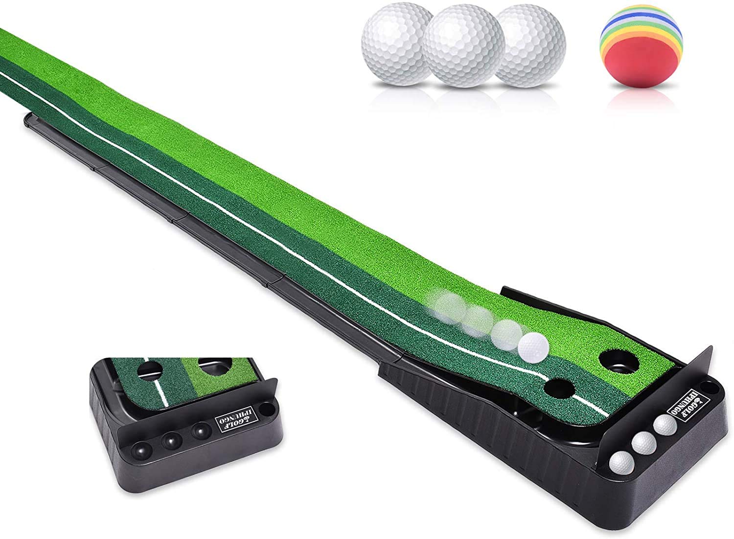 IPHUNGO Indoor Golf Putting Green - Extra Long 9.84Ft Mat with Auto Ball Return Function 2 Holes and 3 Golf Balls 1 Sponge Ball Mini Golf Practice Training Aid, Office,Game,Home, Office, Outdoor Use