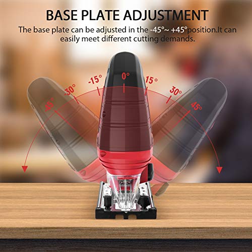Jigsaw, 20V Cordless Jig Saw for Woodworking with LED, 4 Orbital, Variable Speed, ±45°Bevel Angle, 10PCS Blades, Scale Ruler, Tool-free Blade Changing, Battery & Carrying Bag & Fast Charger Included