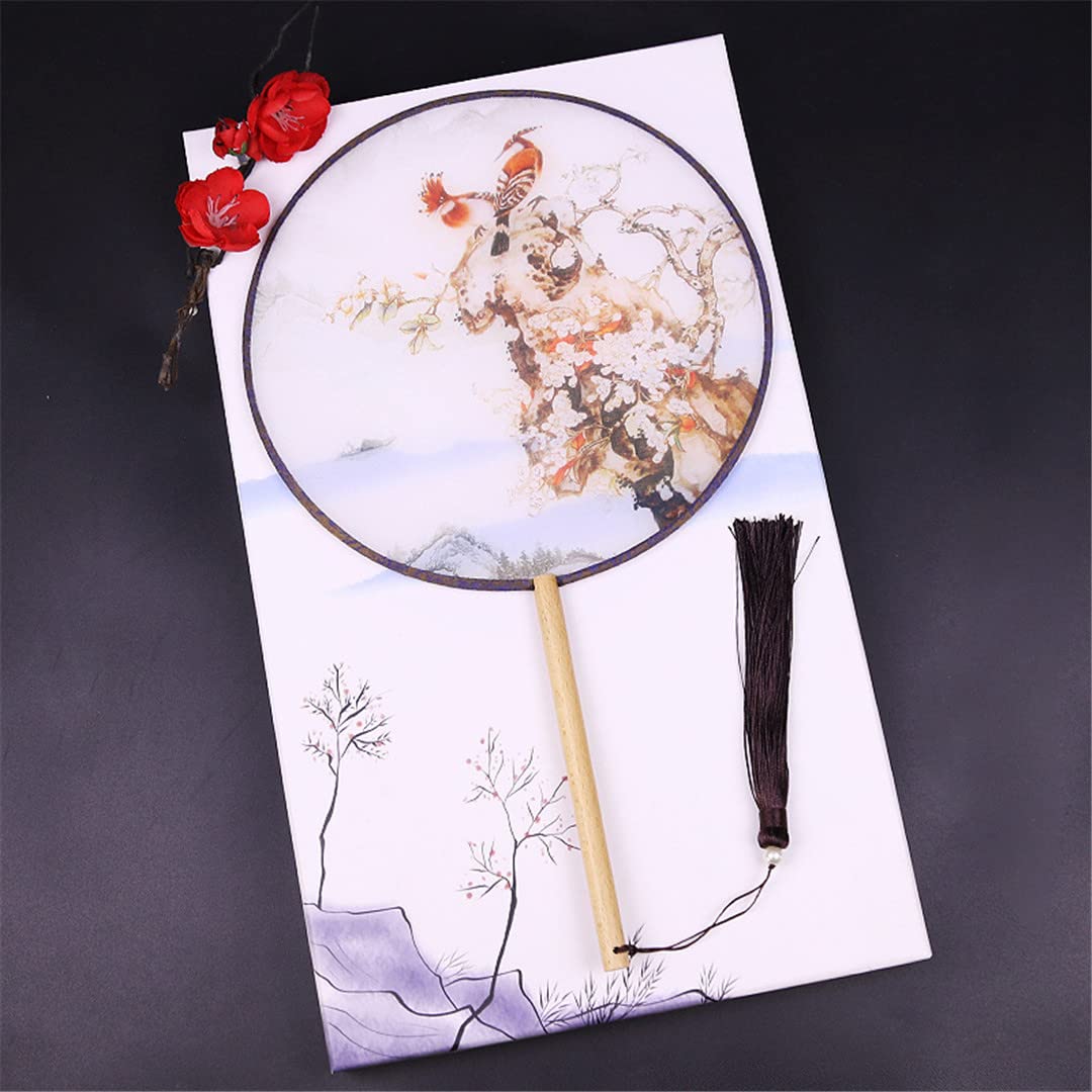 Lmtossey 1Pc Chinese Style Vintage Lady Flower Round Hand Fan Wedding Dance Handle Silk Cloth Fan