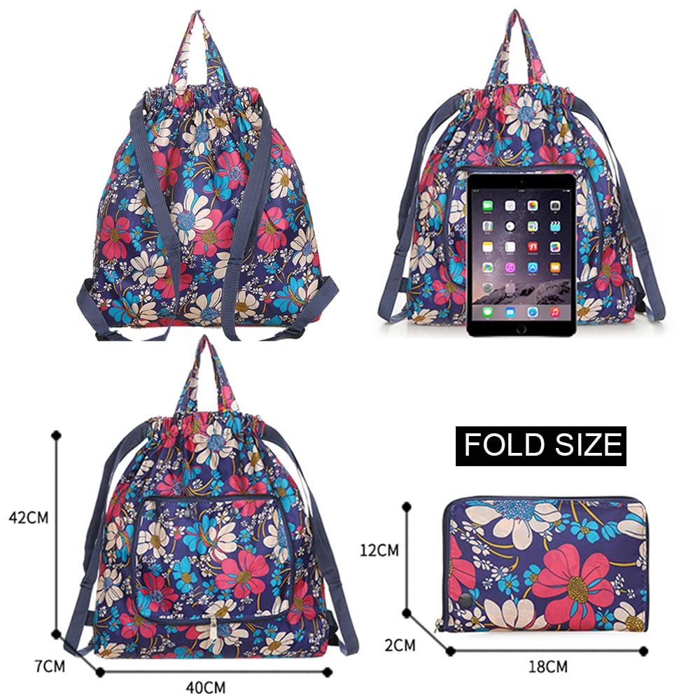 KITENROM Collapsible Reusable Grocery Bag Drawstring Backpack Large Travel Tote Bags String Sackpack for Gym Shopping Yoga Blue Leaf