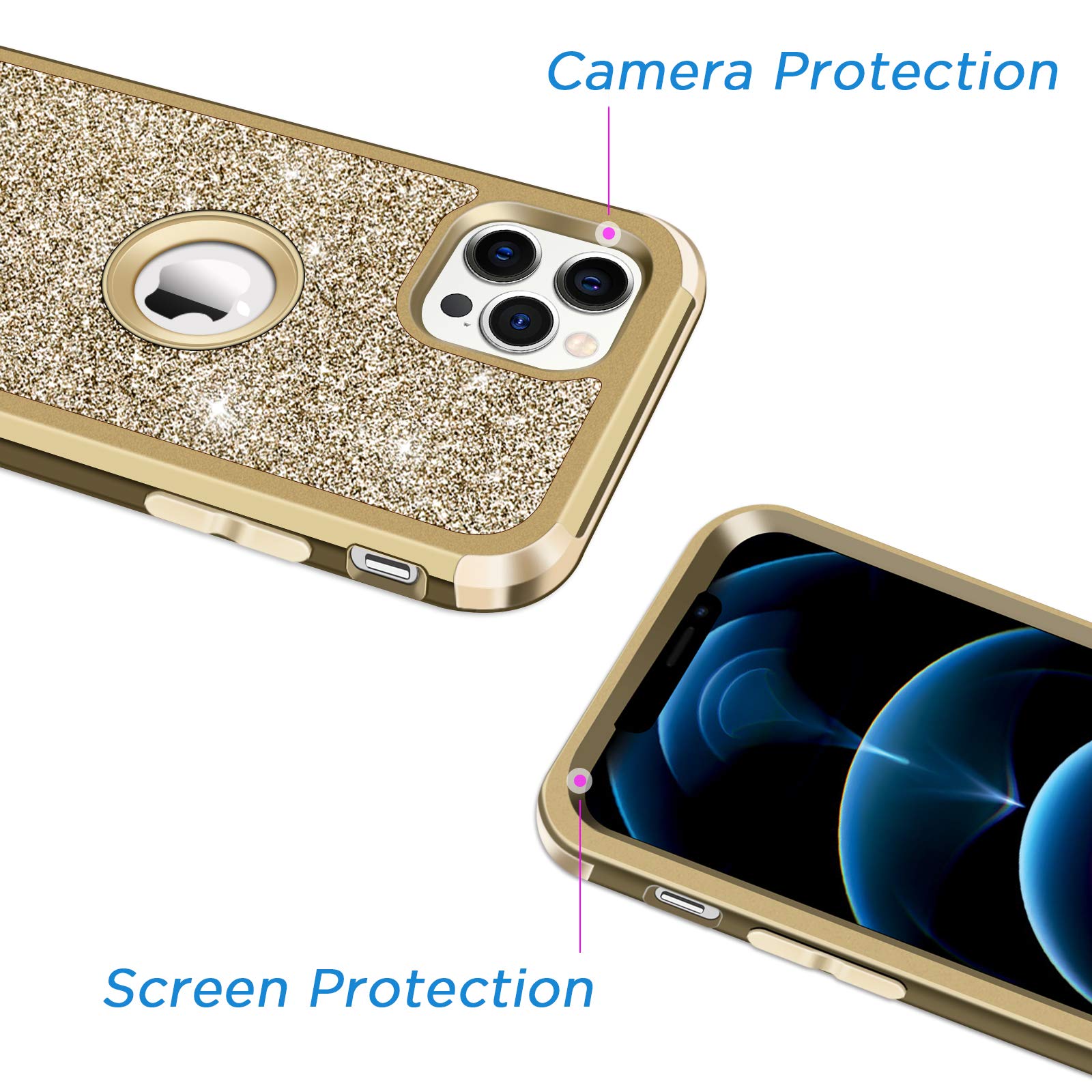 Hython Compatible with iPhone 12 Pro Max Case, Heavy Duty Defender Protective Case Bling Glitter Sparkle Hard Shell Hybrid Shockproof Rubber Bumper Cover for iPhone 12 Pro Max 6.7-inch 2020, Gold