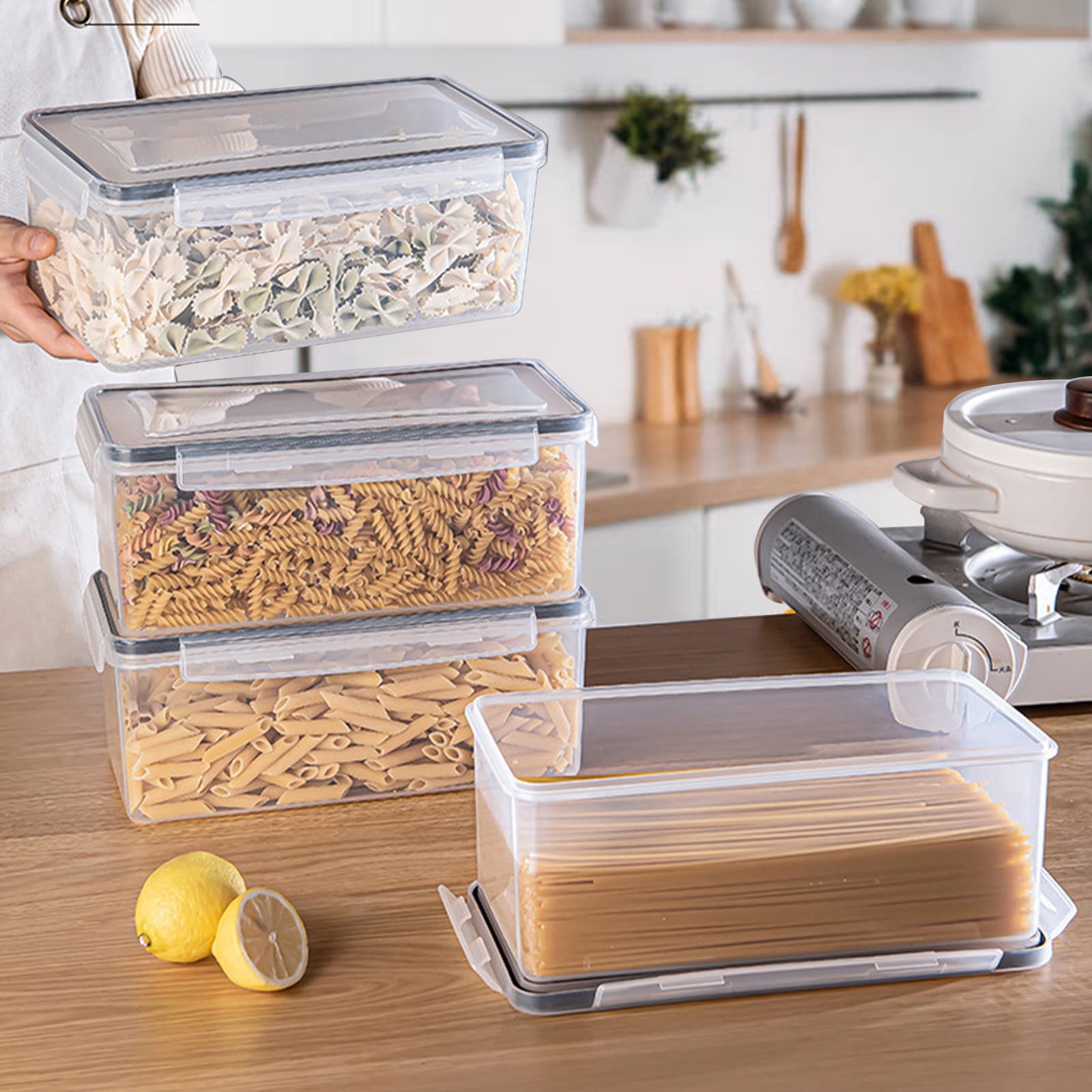 Luvan 4PCS Airtight Food Storage Containers, 3.2L BPA-Free Plastic Spaghetti Container for Pasta Organizer, Air Tight House Kitchen Pantry Organization & Storage Rice, Coffee, Tea, Nuts, Spaghetti