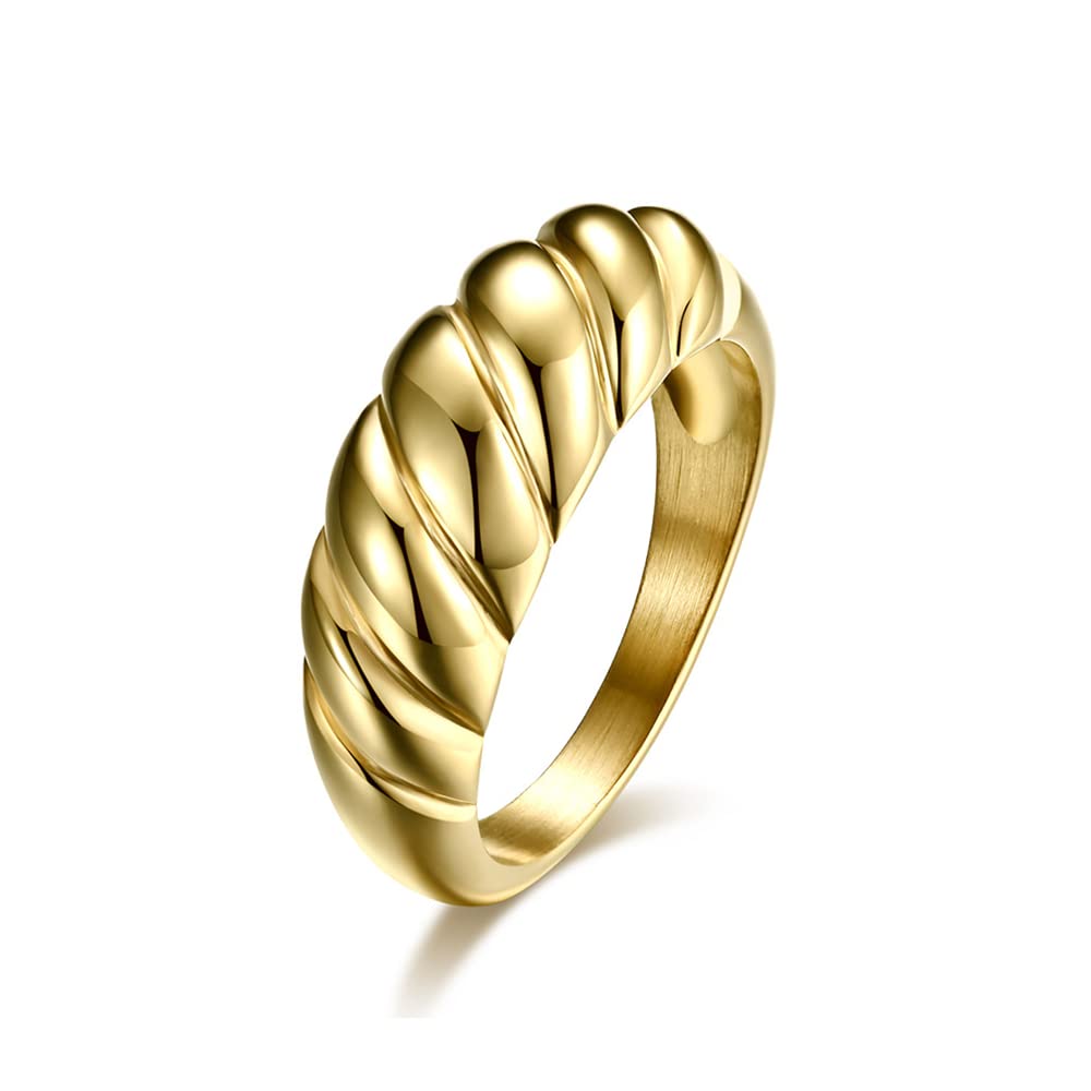 JILIYUPA 14K Gold Plated Croissant Dome Ring Twisted Braided Gold Plated Ring | Chunky Signet Ring, Signet Chunky Dome Ring Stacking Band for Women (Gold, 8)