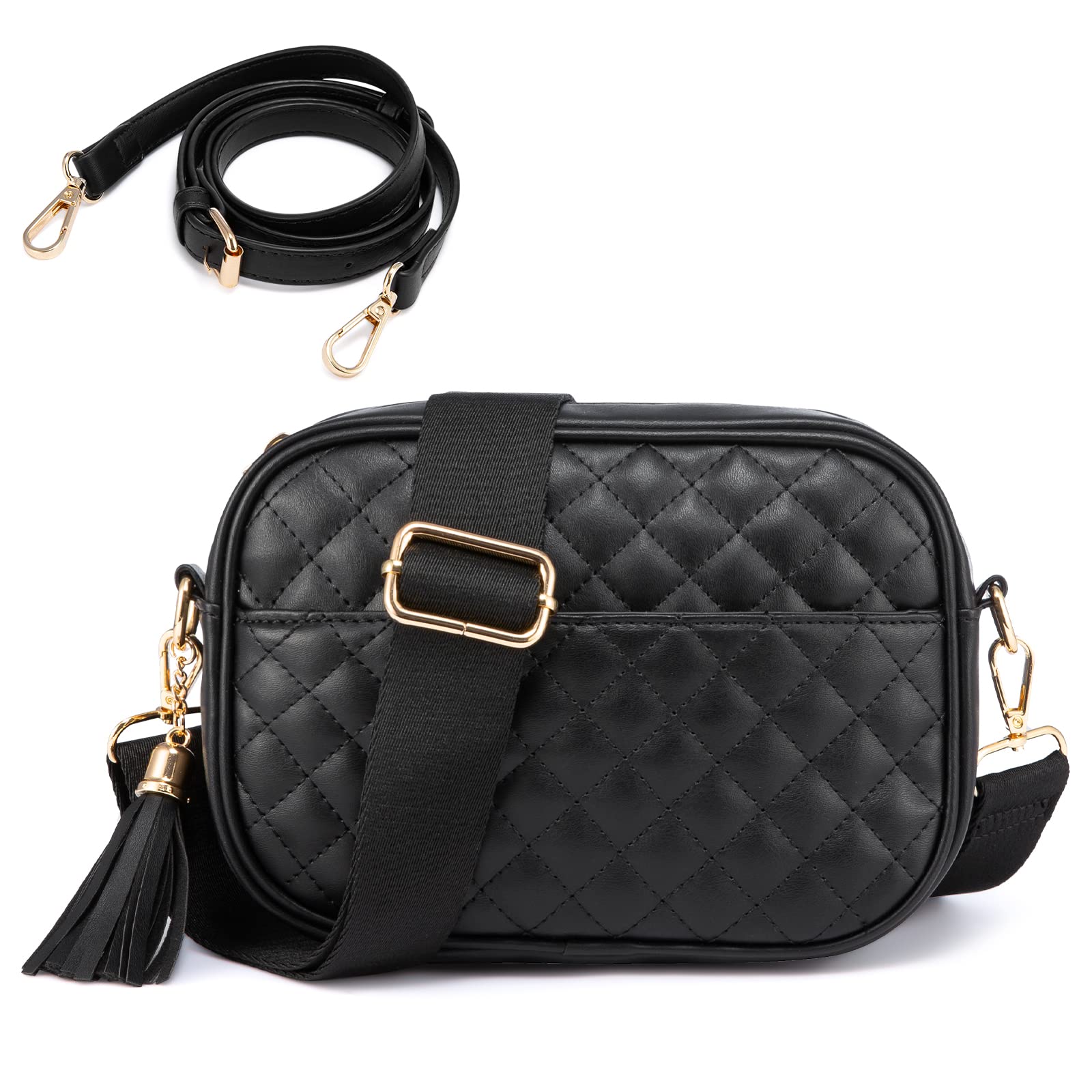 LOVEVOOK Black Quilted Crossbody Purse for Women,Trendy Design Shoulder Purse Ladies Camera Bag Clutch,Double Straps,Black