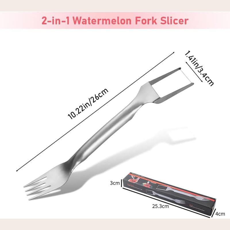 Lmuwecno 2-in-1 Stainless Steel Fruit Cutter, Watermelon Slicer Cutter, Watermelon Fork Slicer Cutter Slicer Tool, Dual Head Fruit Forks Slicer Knife for Home Kitchen Gadget, Silver