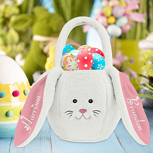 Personalized Bunny Easter Basket for Boys Girls Kids Custom Easter Baskets with Name Handle Plush Egg Hunt Bags Customized Buckets Easter Gifts