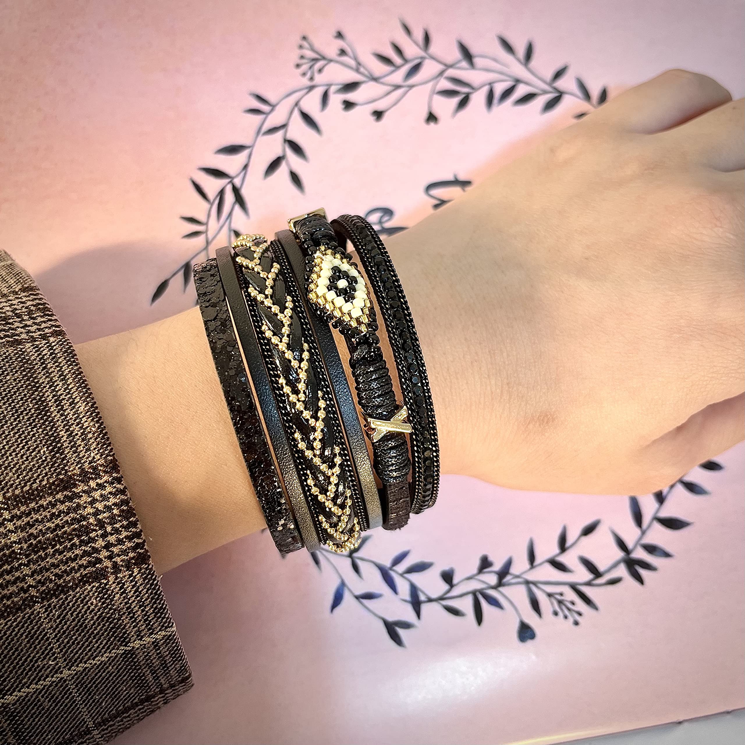 Kar Nann Ethnic Bohemian Leather Bracelet Layered Leather Bracelet Jewelry Hand-Woven Khaki Leather Bangle Gift For Women&Men