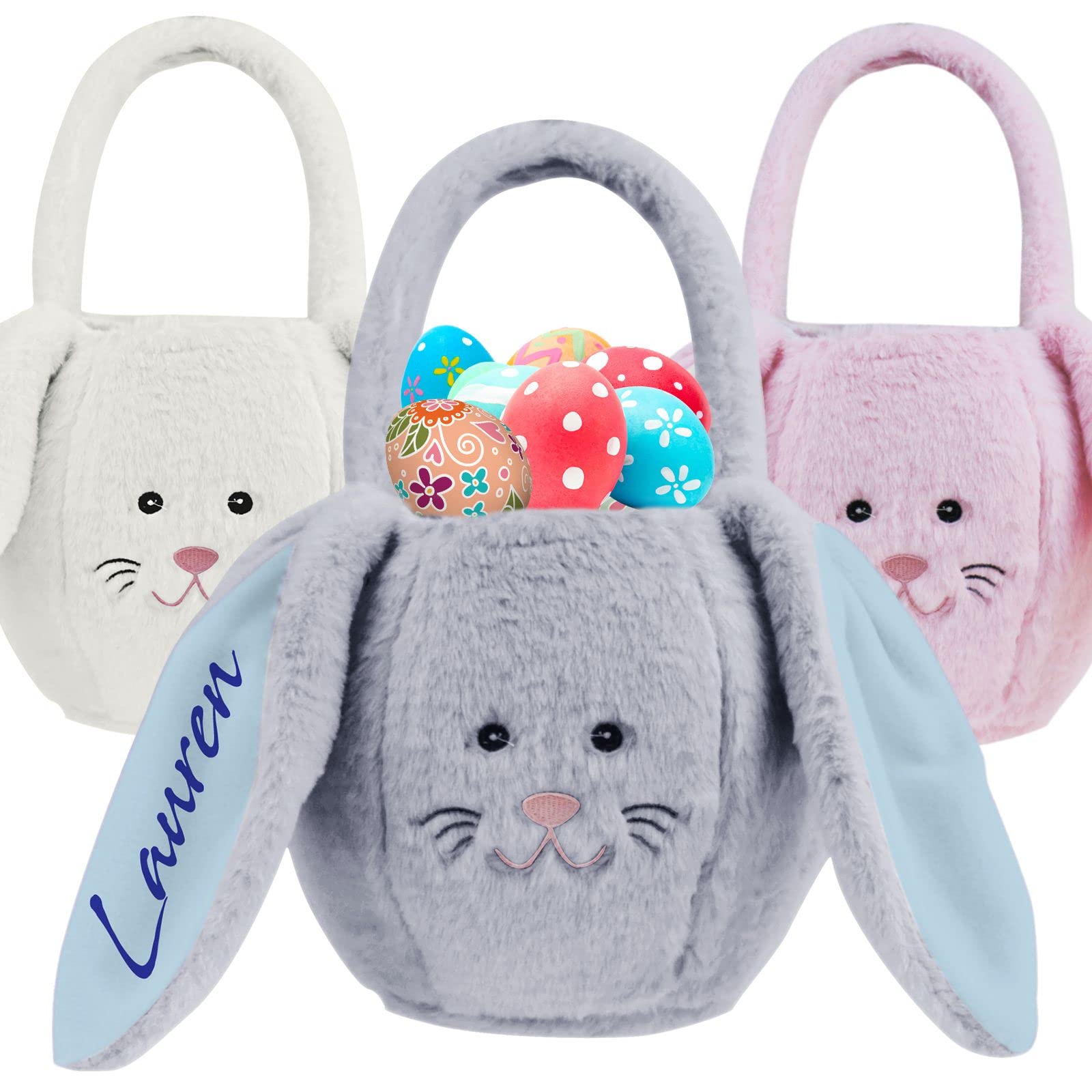 Personalized Buny Easter Baskets Custom Easter Basket with Name Empty Bags Customized Plush Egg Tote Gift-Grey
