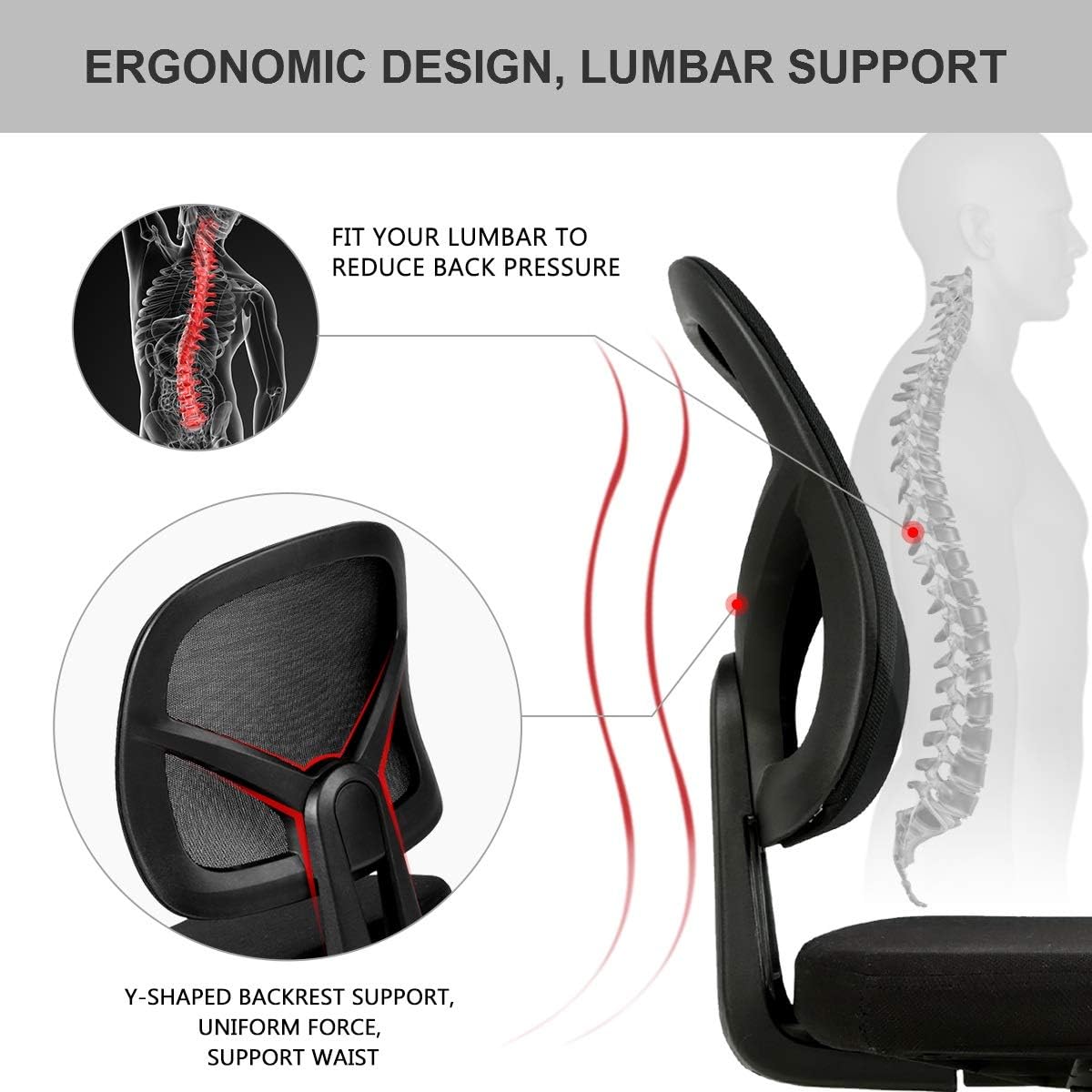 Hbada Home Office Desk Chair with Flip Up Arm, Breathable Mesh Back Lumbar Support Task Chair, Ergonomic Office Chair with Adjustable Height & PU Wheels, Swivel Computer Desk Chair, Black