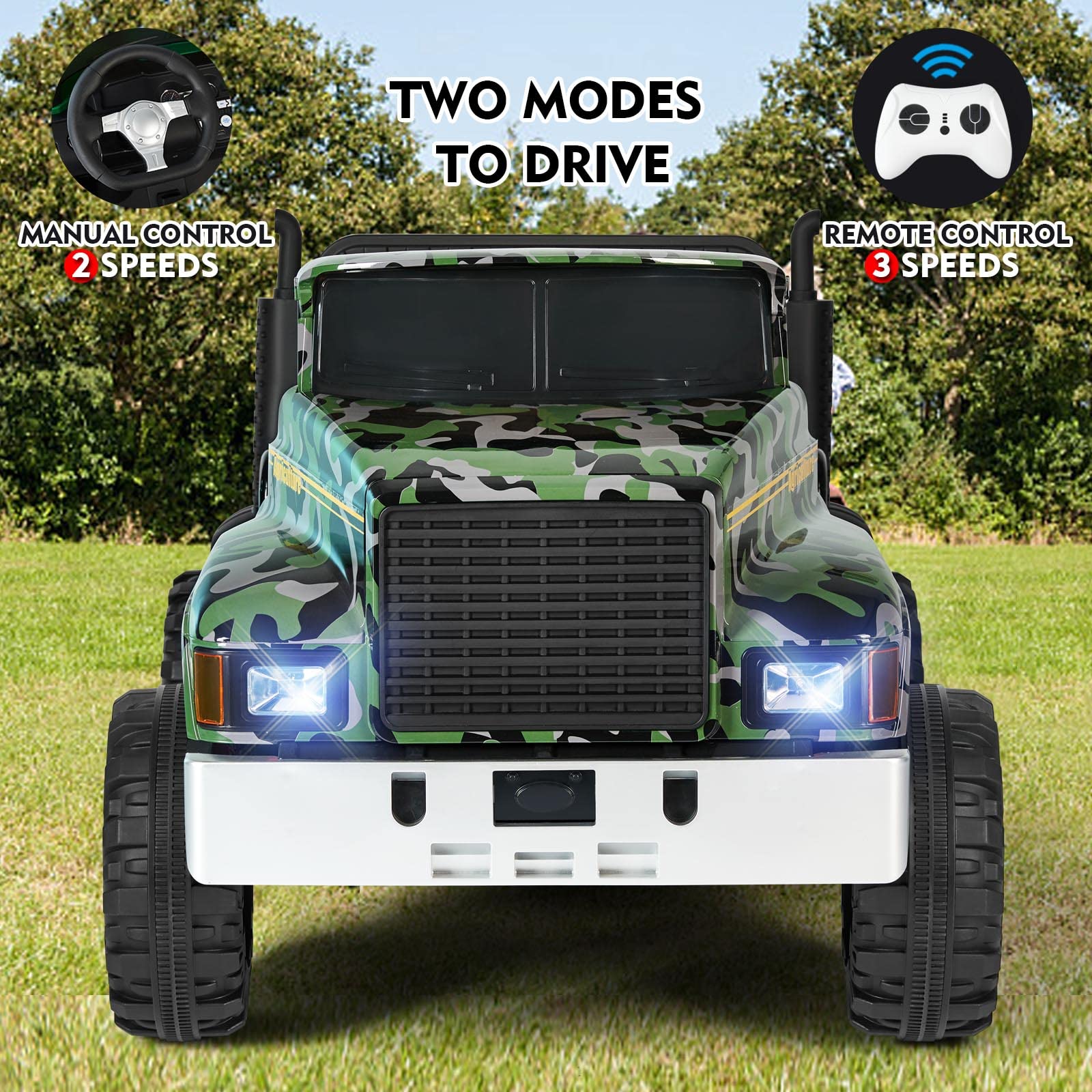 JOYLDIAS 2 Seater Ride On Car, 24V Battery-Powered Toy Tractor with Trailer, Dump Bed, Dual Motors, 4 Large Wheels, 2.4G Remote Control, 3 Speeds, Bluetooth, Camo Green, 47 * 31 * 27 inches
