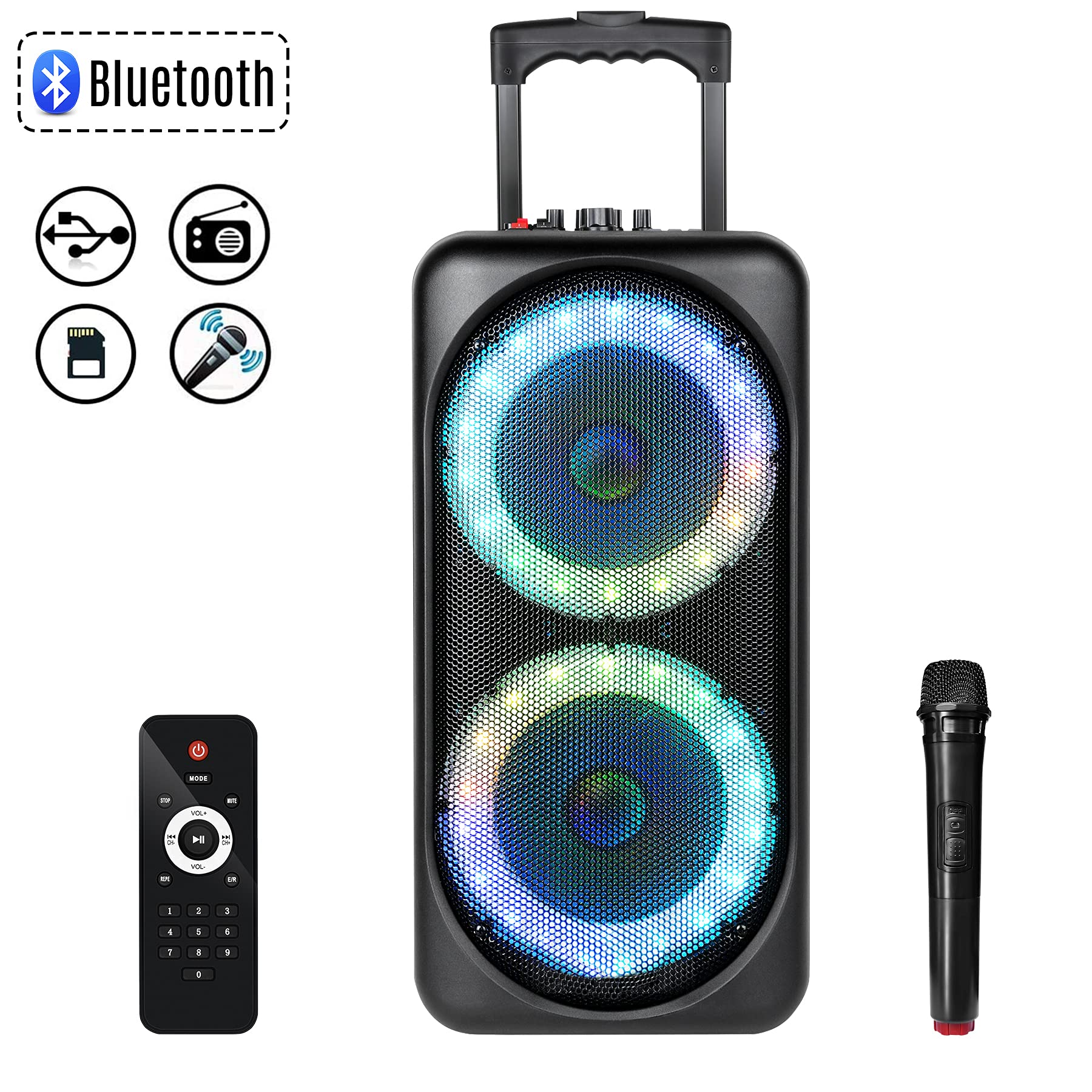 Karaoke Machine w. Microphone & Tablet Holder Rechargeable Wireless Portable Party Bluetooth Trolley Speaker Outdoor Amplifier System 8" x2 Dual Speakers 3-Side LED Disco Lights NuBoom