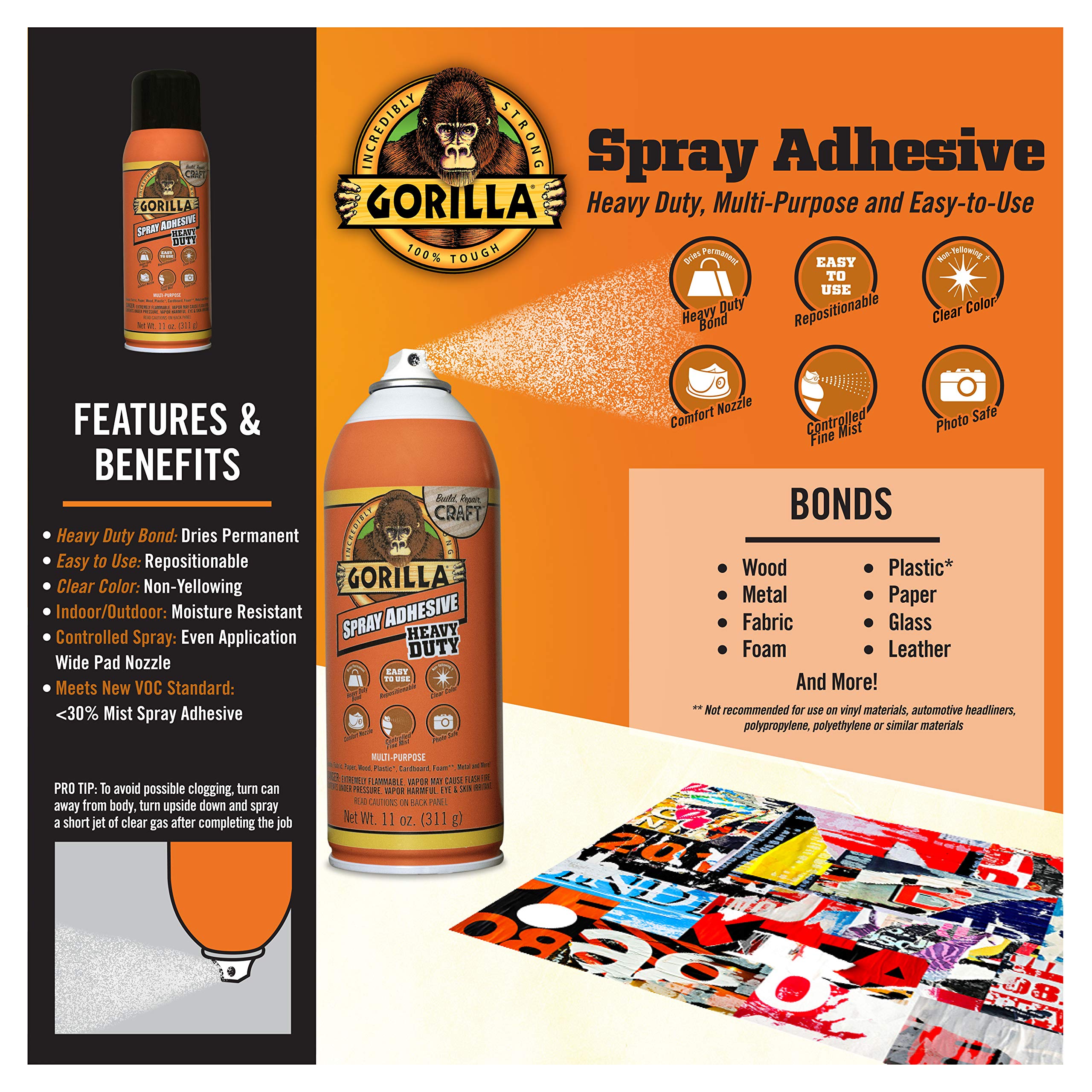 Gorilla Heavy Duty Spray Adhesive, Multipurpose and Repositionable, 11 Ounce, Clear (Pack of 2)