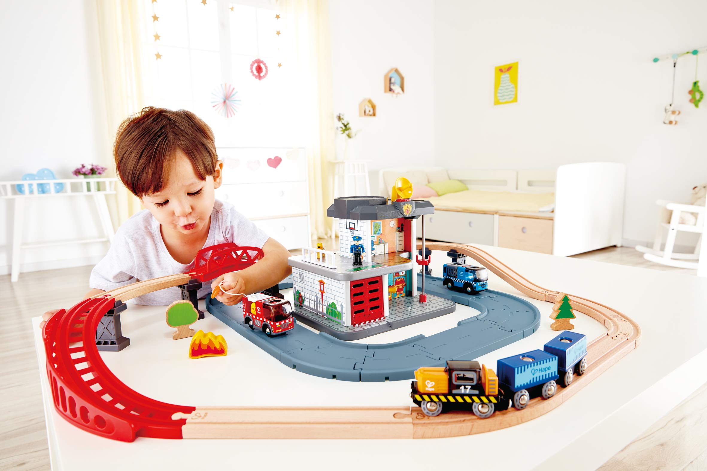 Hape Fire Truck with Siren | 2-Piece Fire Truck, Fireman Toy Set