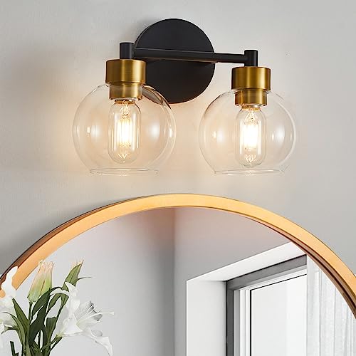yenlacy Bathroom Light Fixtures, Black and Gold 2 Light Bathroom Vanity Light, Bathroom Lights Over Mirror with Globe Glass Shade and Metal Base, Vanity Lights for Bathroom, Stairs, Kitchen