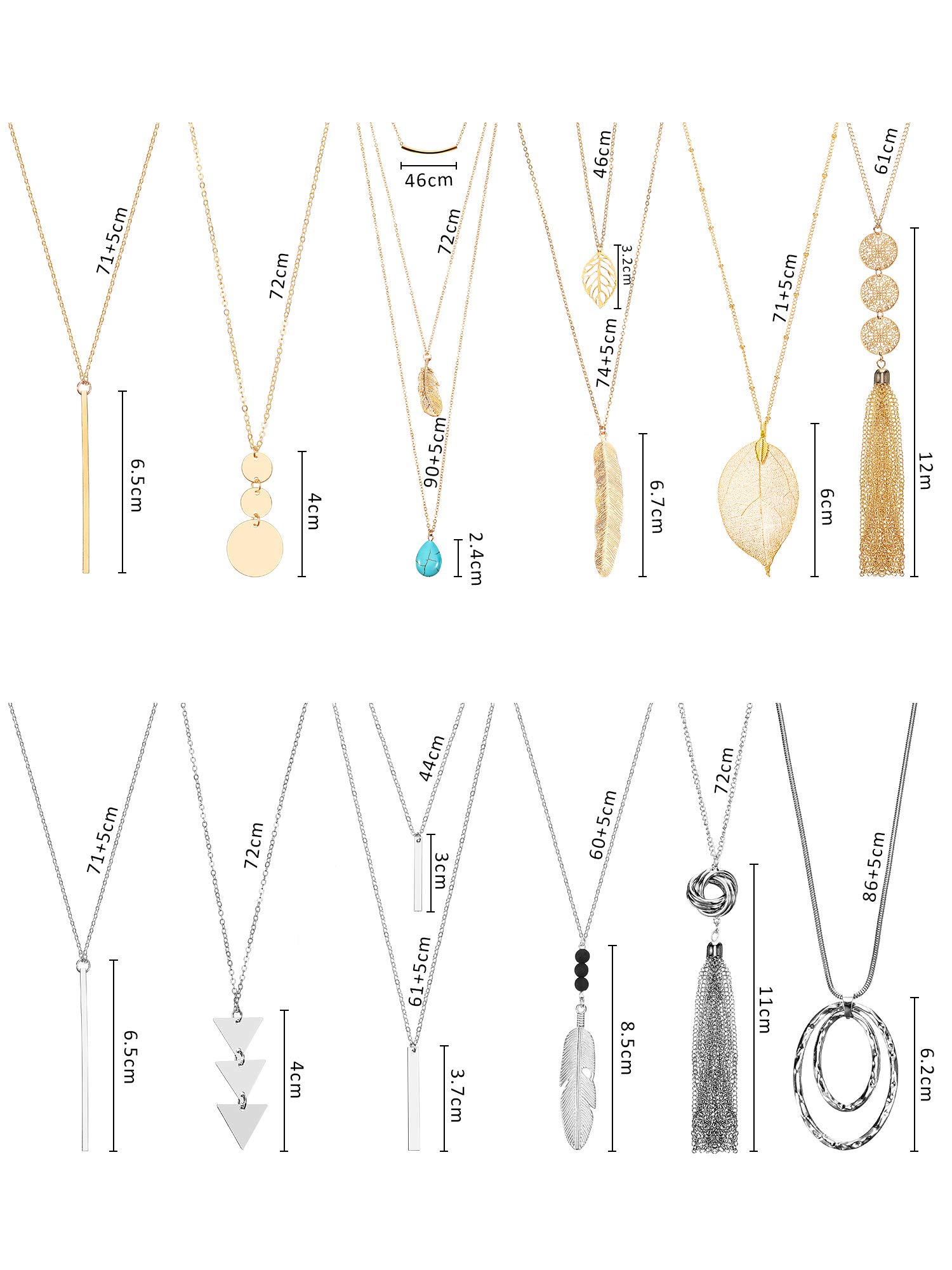 Hicarer 12 Pieces Long Pendant Necklace Set Y Tassel Leaf Circle Bar Necklace for Women (Classic Style)