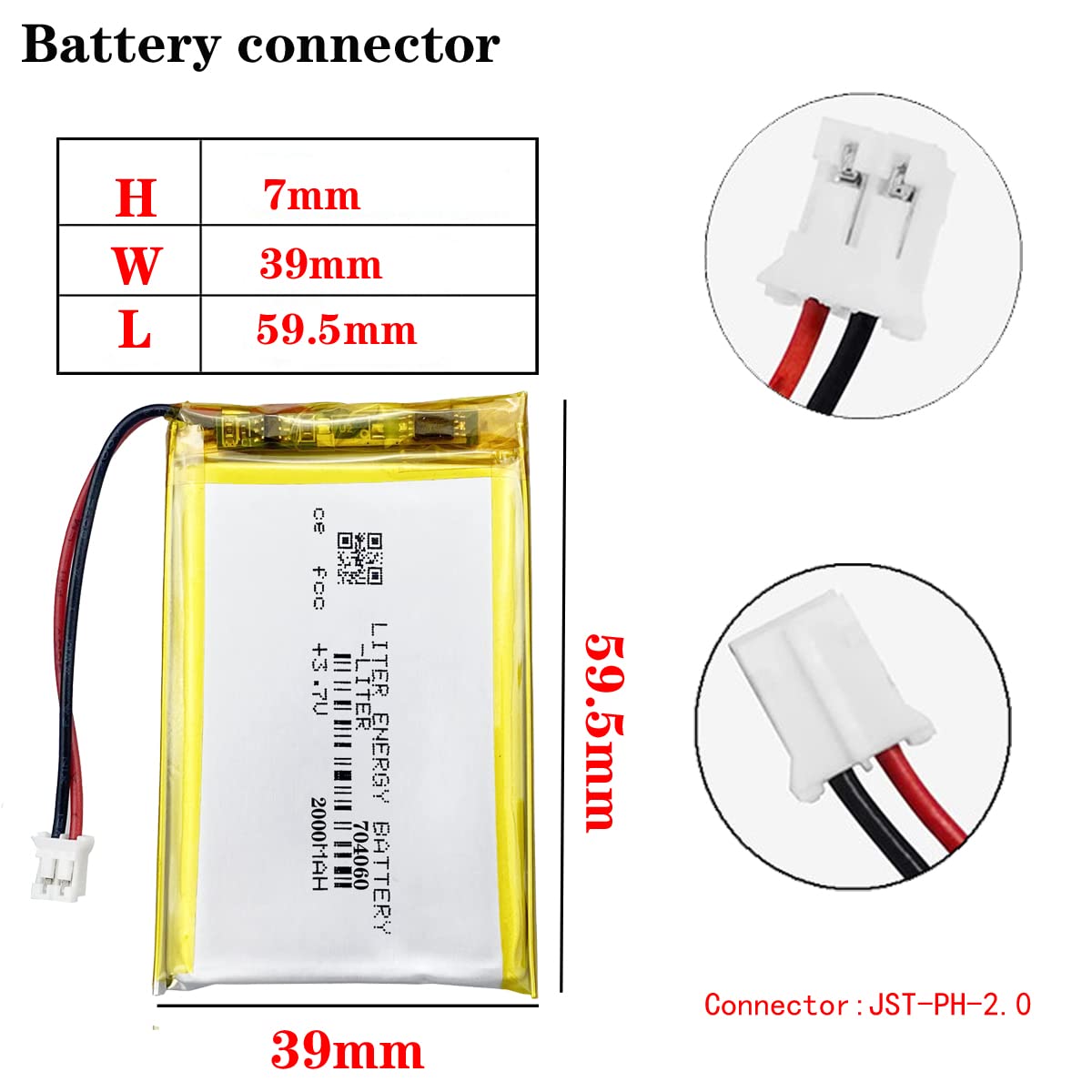 Liter energy battery 3.7V Lipo Battery 2000mAh Rechargeable Lithium ion Polymer Battery 704060 Lithium Polymer ion Battery with JST Connector