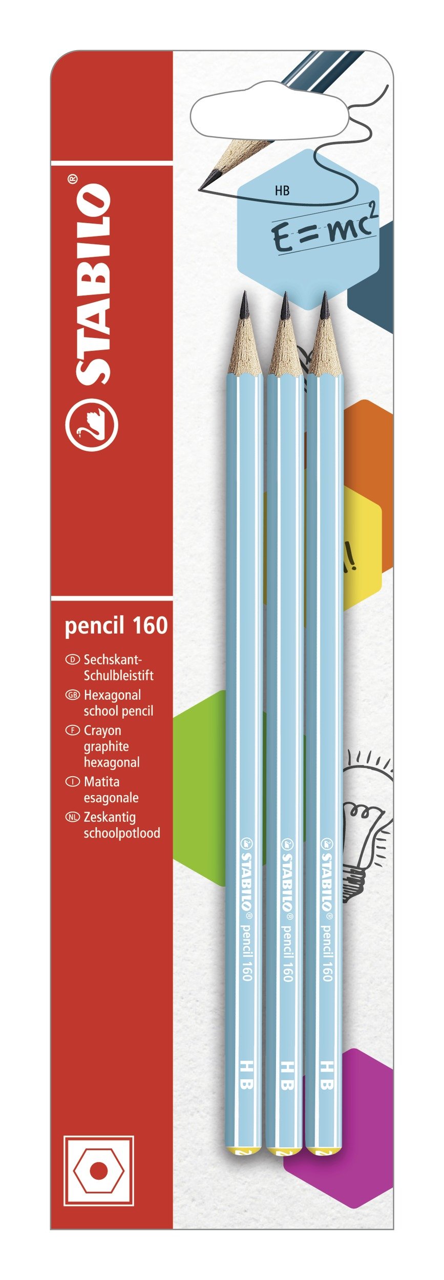 Graphite Pencil - STABILO Pencil 160 - Pack of 3 - Pink, Blue, Orange - HB