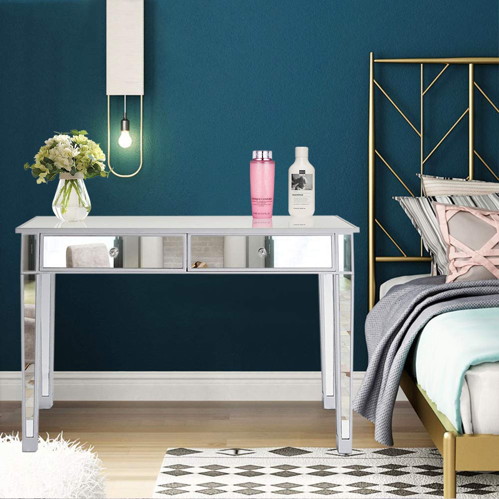 Goujxcy Mirrored Makeup Table Desk,Home Office Smooth Silver Finish Vanity Dressing Table for Women with 2 Drawers Writing Desk Modern Media Console Table
