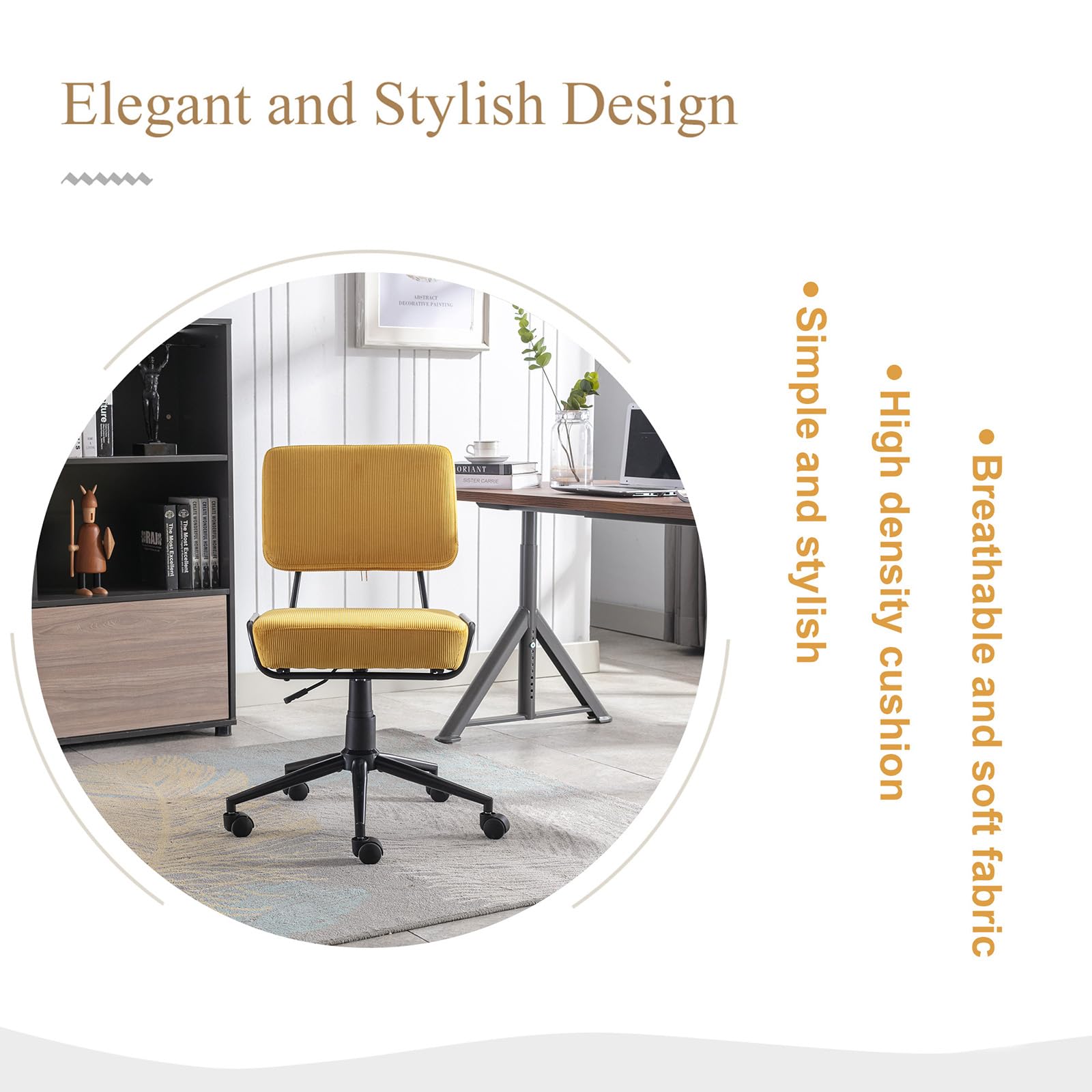 HEAVYSEVEN Office Desk Chair, Modern Corduroy Office Chair, Adjustable Swivel Home Task Chair, Mid-Back Cute Upholstered Armless Computer Chair with Wheels for Bedroom Studying Room Vanity Room