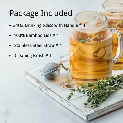 JIAGUOOL 4pcs Drinking Glasses Mason Jar with Handle Mason Jar Cups 24oz Mason Jar Mugs Iced Coffee Tumbler Smoothie Cup for Boba Juice Milk Tea