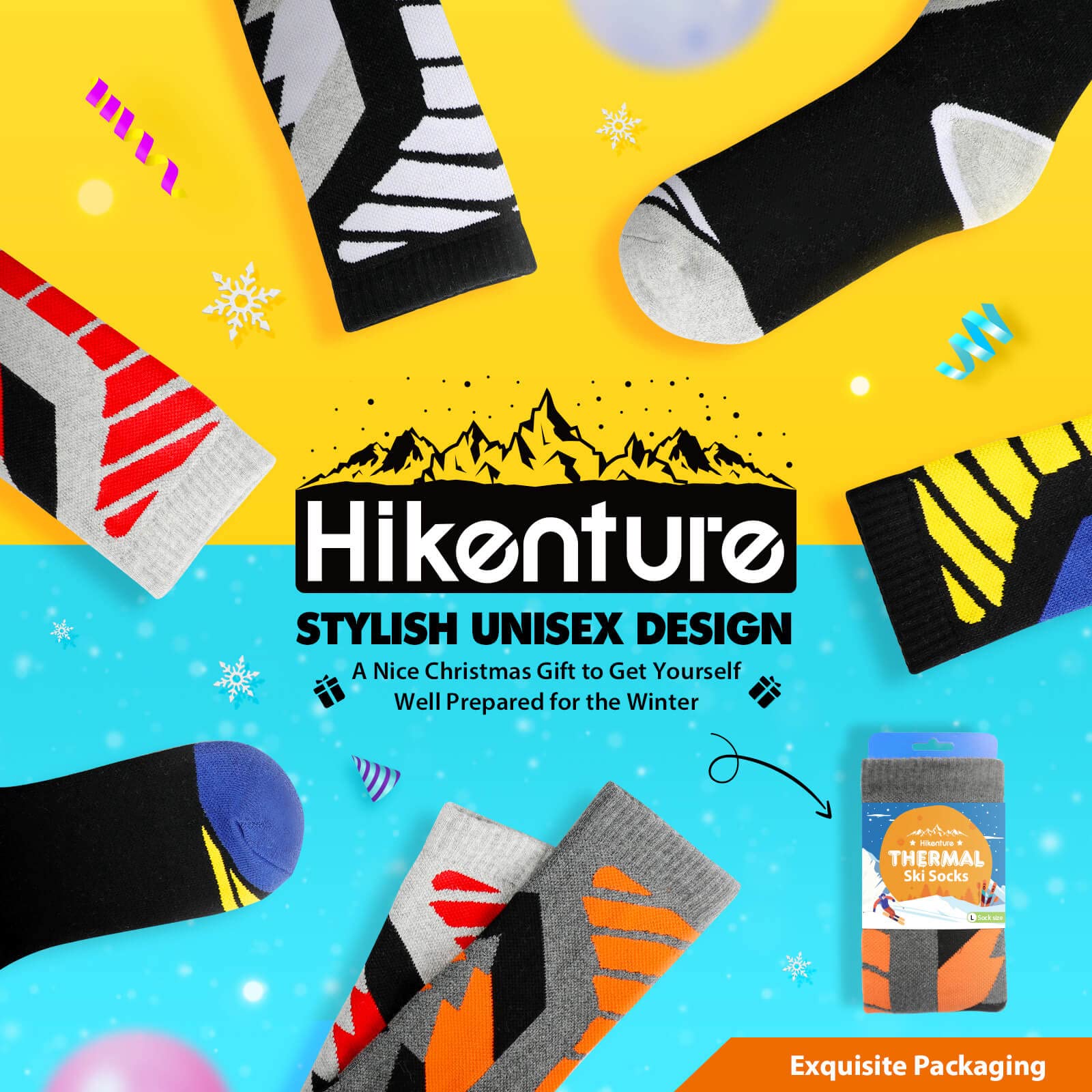 Hikenture Ski Socks, Winter Thermal Socks, Extra Thick Warm Snowboard Socks, Insulated Snow Socks for Men&Women (2-Pack)