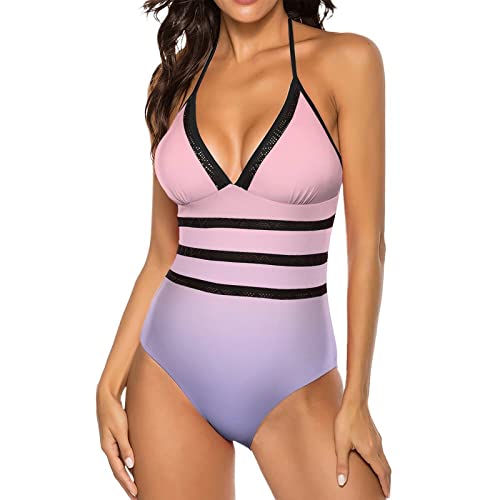 lnmuld Women Casual 1 Pieces Control V Neck High Waisted Bathing Suit Wrap Tie Back Monokini Sexy Hollow Out Swimsuits Bathing Pink