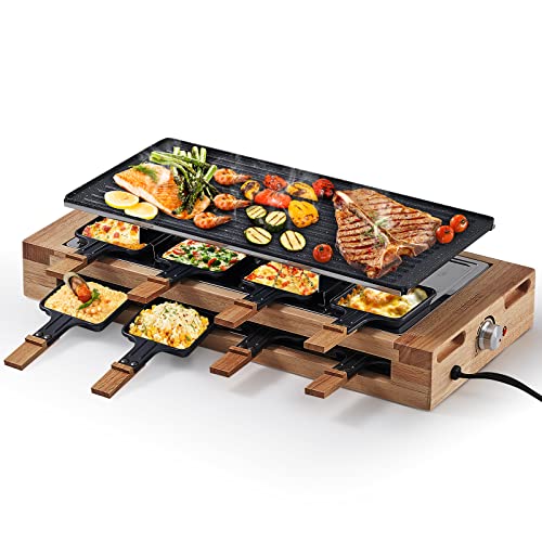 Indoor Grill, COKLAI Raclette Table Grill, 1500W Electric Grill Korean BBQ Grill with 2 in 1 Reversible Non-stick Plate, Cheese Raclette with 8 Trays & Wooden Spatulas, Wooden Base, New Model