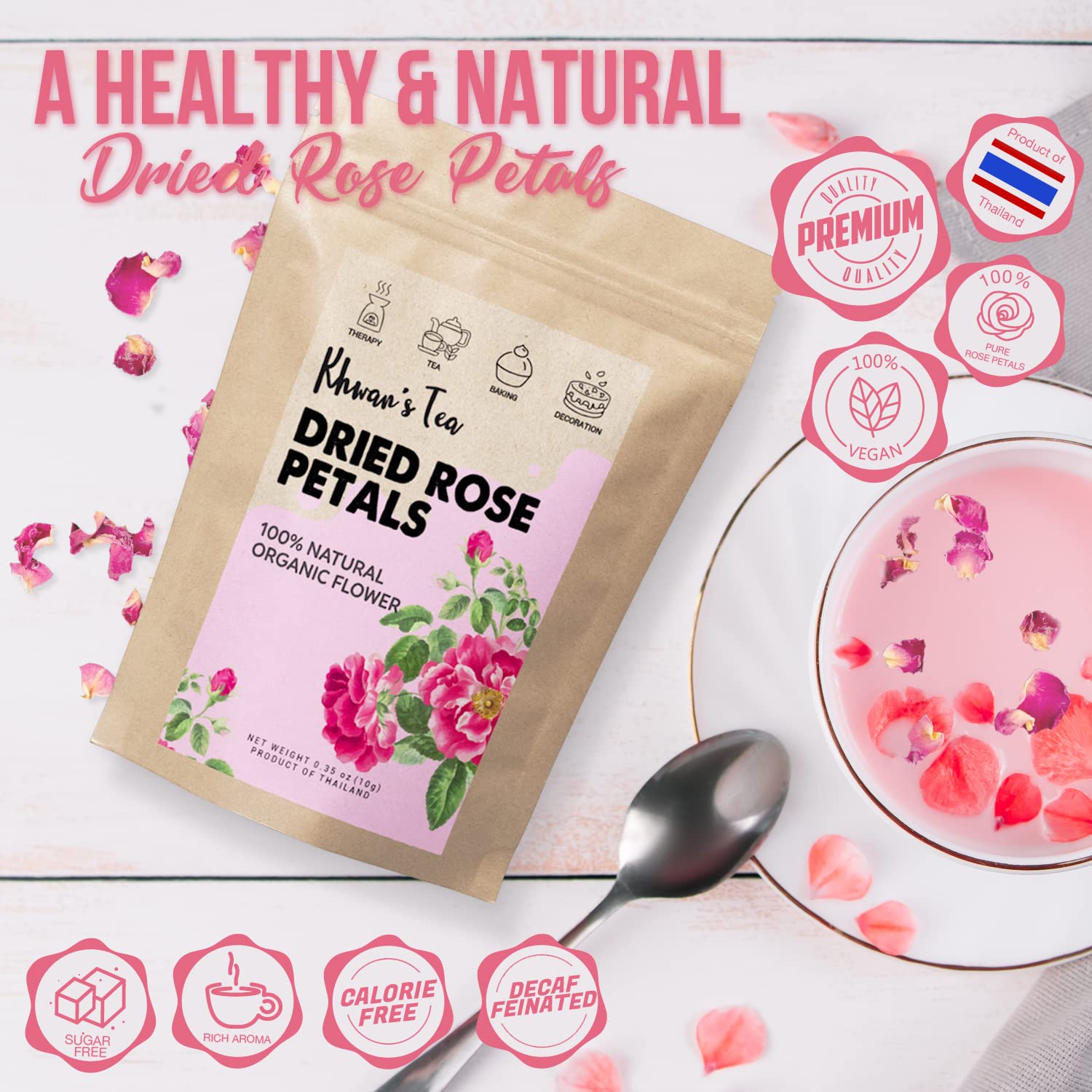 KHWAN'S TEA Pure Dried Butterfly Pea Flowers Blue Tea and Premium Dried Rose Petals
