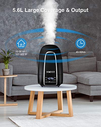 Humidifier for Bedroom, Homever Cool Mist Humidifier, Babies Ultrasonic Vaporizer, 26dB Whisper-Quiet Humidifiers, 5.6L, Touch Screen, 360° Nozzle, Auto Shut-Off & Timing Function, Black