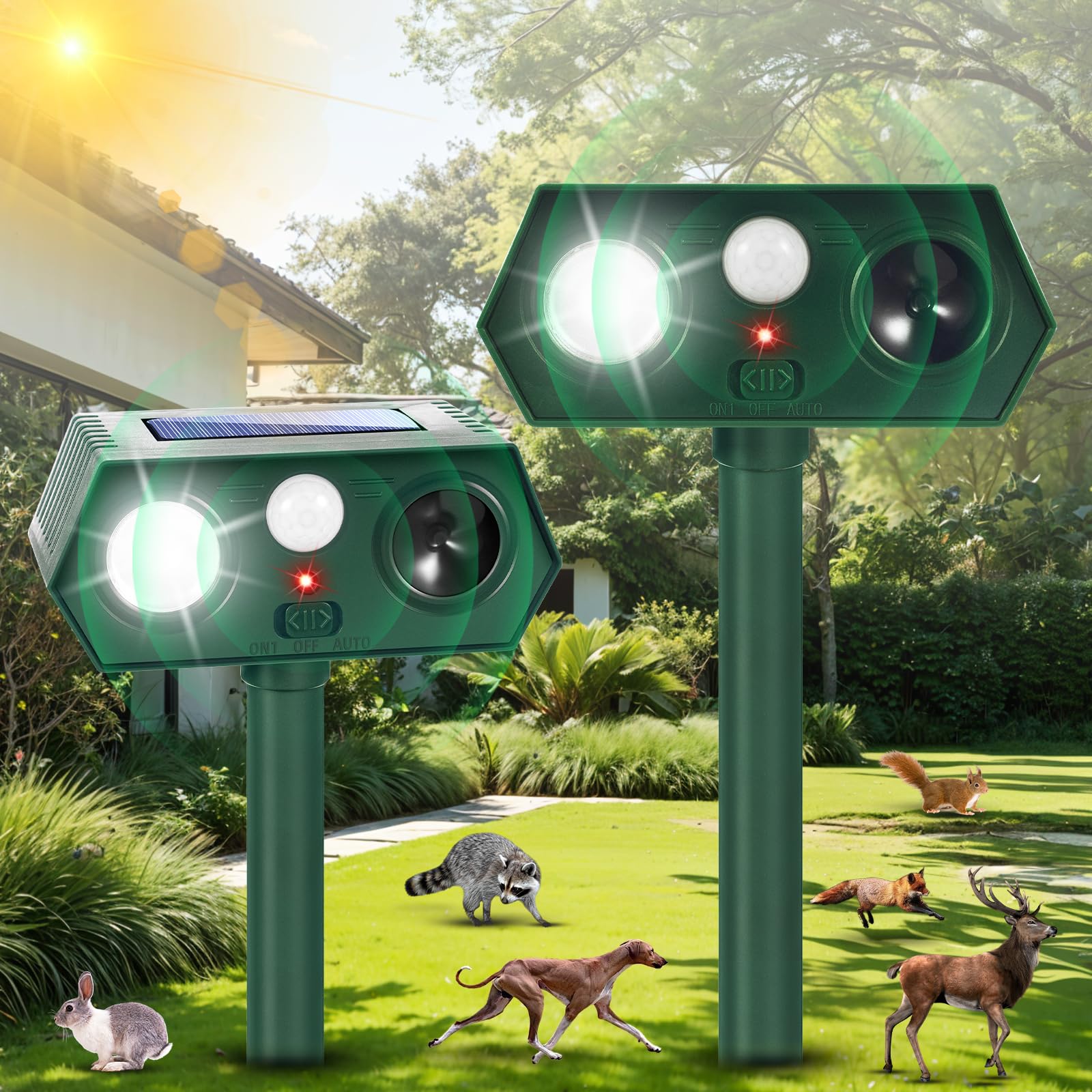 Paddsun 2 Pack Ultrasonic Cat Deterrent Outdoor, Solar Powered Cat Deterrents for Garden with Motion Sensor and Flashing Lights, Cat Deterrent for Yard Lawn, Green