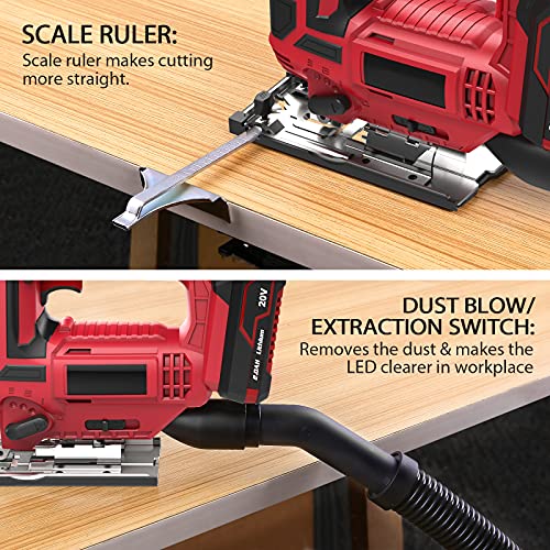 Jigsaw, 20V Cordless Jig Saw for Woodworking with LED, 4 Orbital, Variable Speed, ±45°Bevel Angle, 10PCS Blades, Scale Ruler, Tool-free Blade Changing, Battery & Carrying Bag & Fast Charger Included