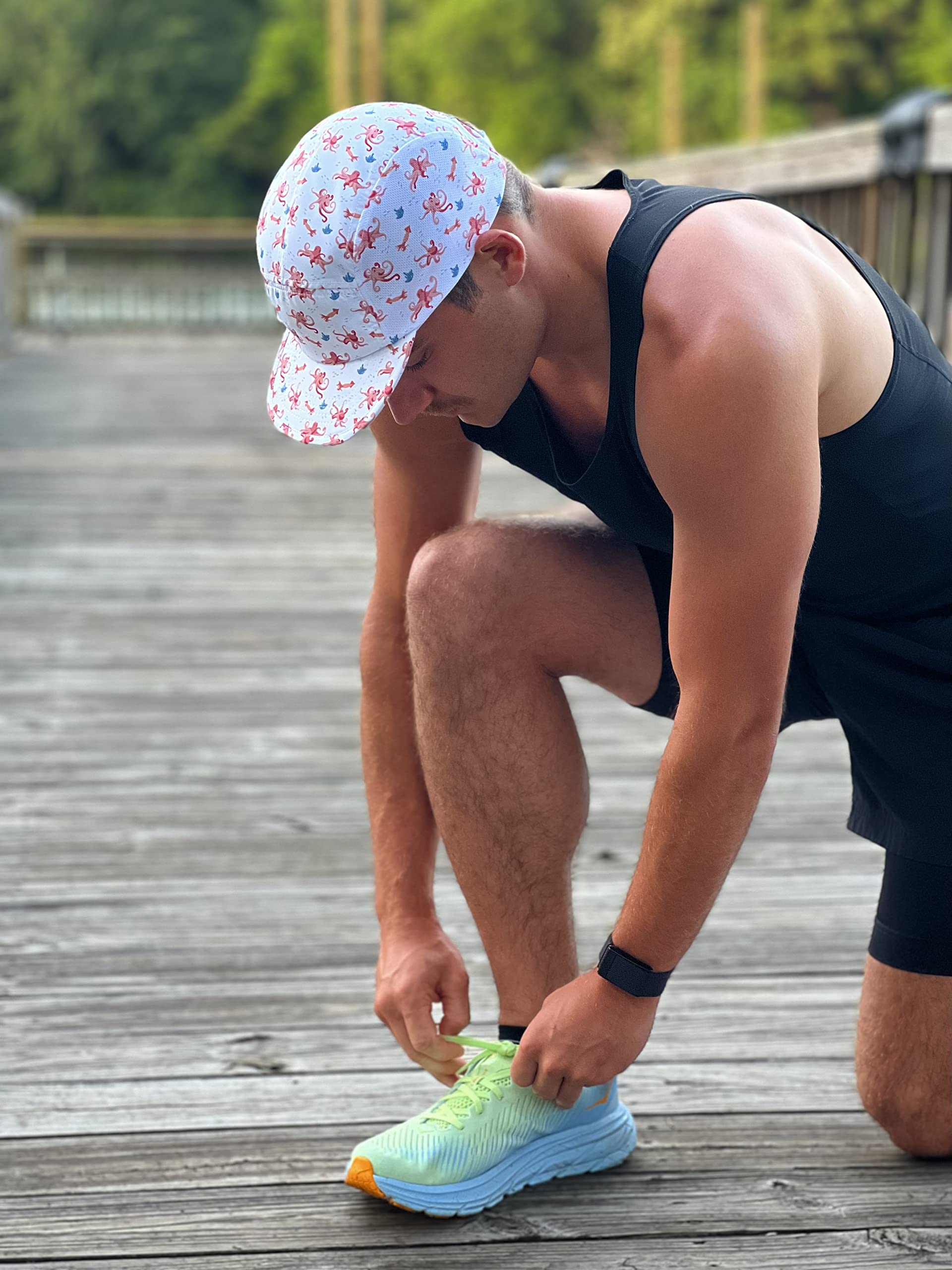 Men's and Women's 5 Panel Hat, Washable & Packable Running Hat (Big Quad Cephalopod: White)