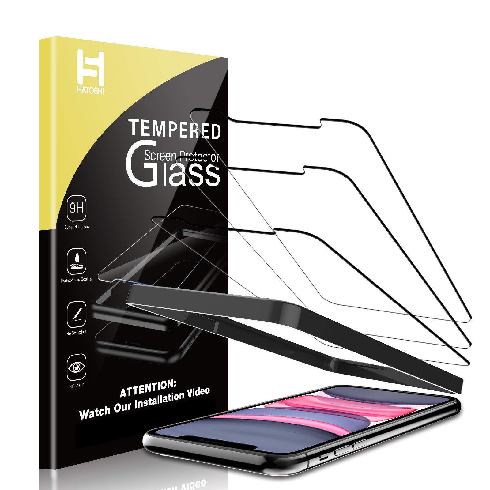 HATOSHI 3 Pack for iPhone 11 and iPhone XR Screen Protector, Tempered Glass Film- Alignment Tray Easy Installation Case Friendly HD Clear Bubble Free 9H Glass Screen Protector for iPhone 11 6.1 Inch