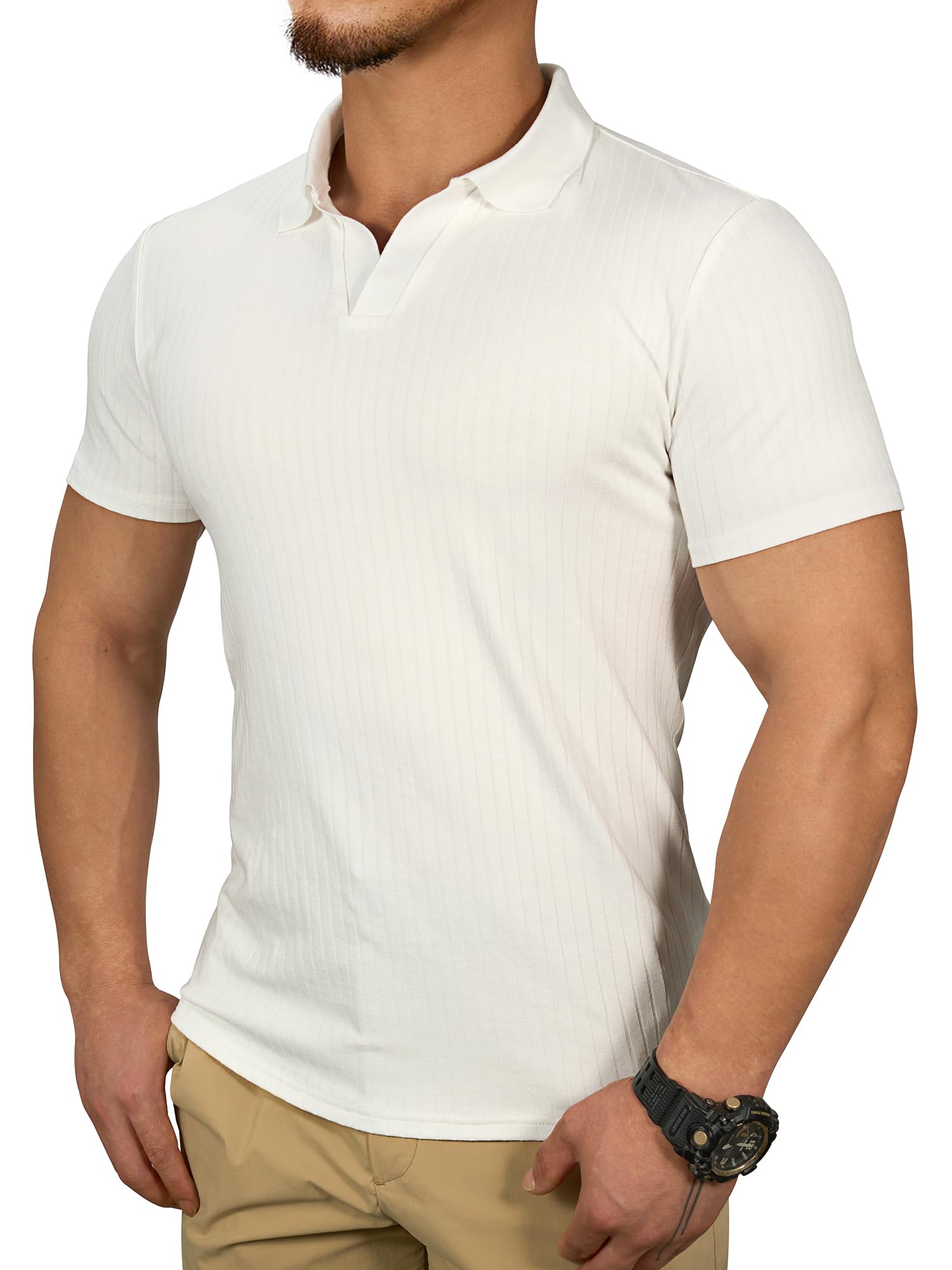 kuboyee Mens Casual Slim Fit Polo Shirts Short Sleeve Contrast Color Stitching Stripe Summer Cotton T-Shirts