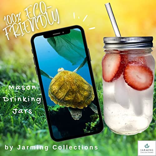 Jarming Collections- Reusable Smoothie, Iced Coffee Glass Jars with 16oz Mason Cups, Lids, Glass Straws, Bubble Tea Accessories, Environment Conscious, Pack of 4