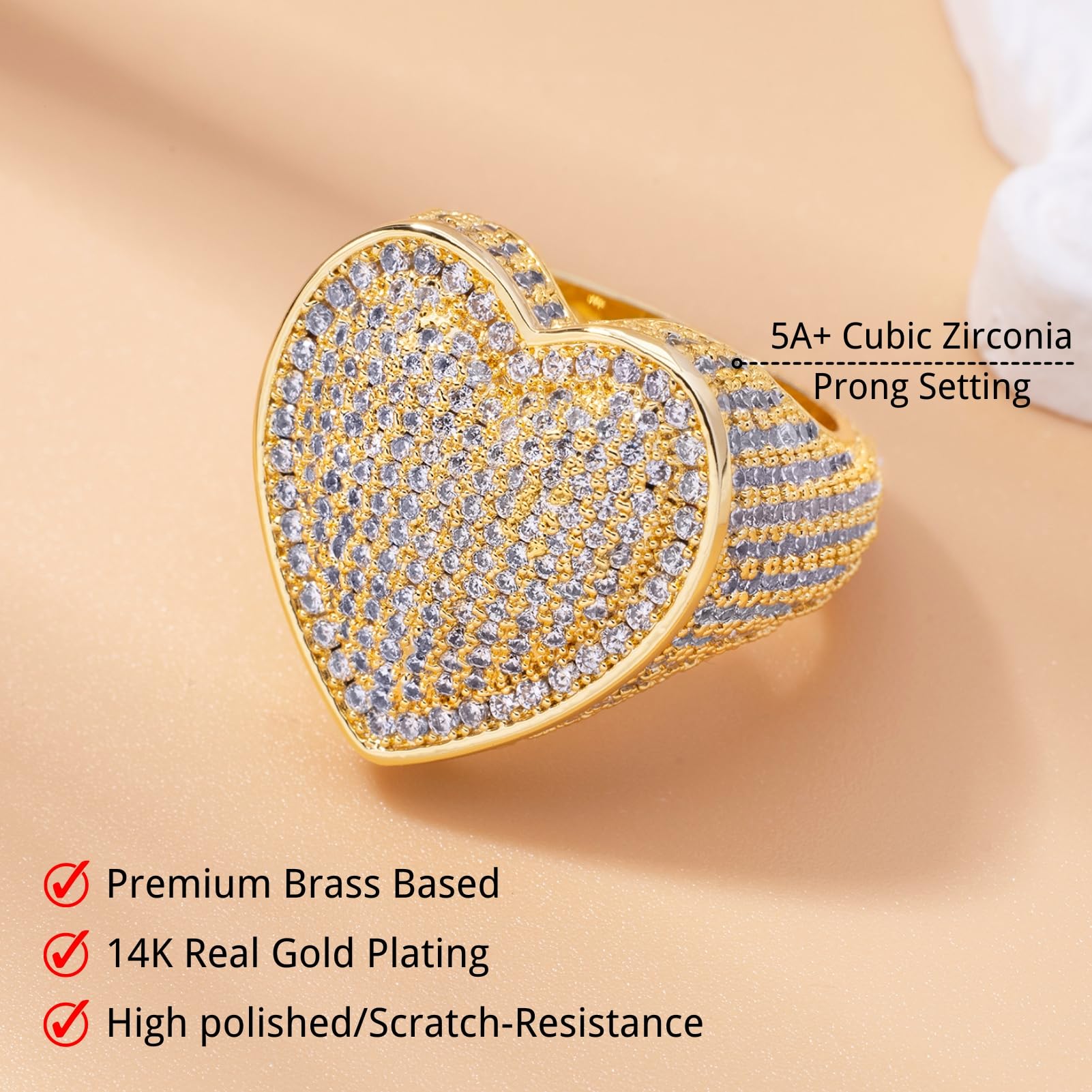 Lulu Mel Iced out Jewelry heart shape party ring,14k gold plating CZ micro setting shiny INS style bling rose gold big size heart ring for men women (Gold, 8)