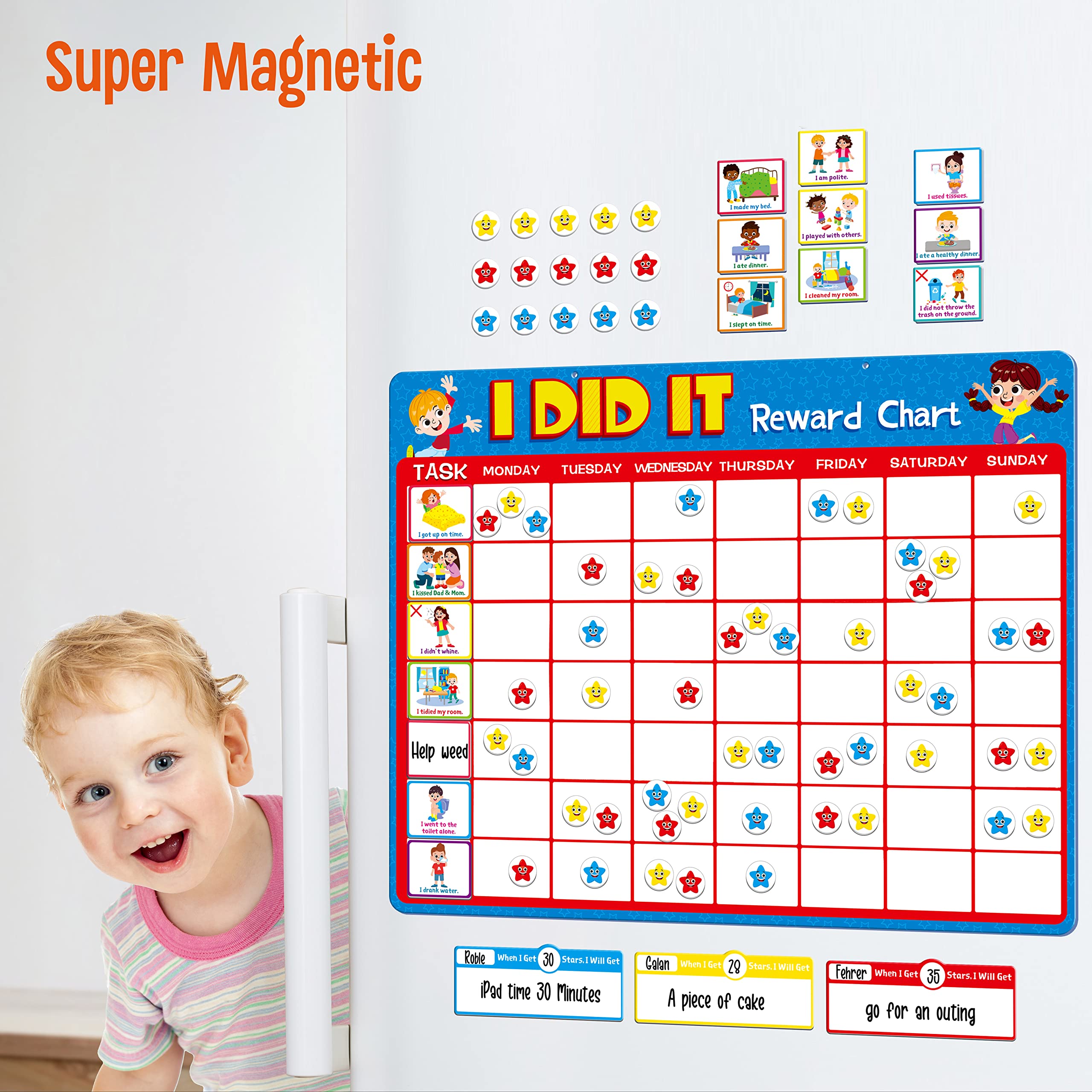 Magnetic Reward Chart, Dry Erase Kids Behavior Responsibility Task Board-84 Chores (including 7 Blanks), 272 Magnetic Stars, 8 Markers & 3 Name Cards-Good Behavior Daily Routine to motivate kids