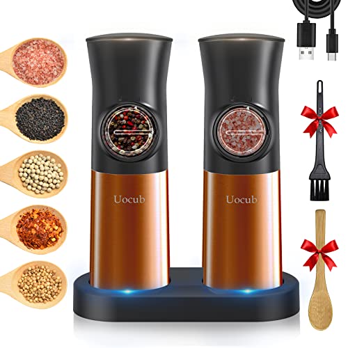 Gravity Electric Salt and Pepper Grinder Set - USB Rechargeable,Automatic Salt Pepper Mill with 5 Adjustable Coarseness, Ceramic Grinder with Bottom Cap, White LED Lights